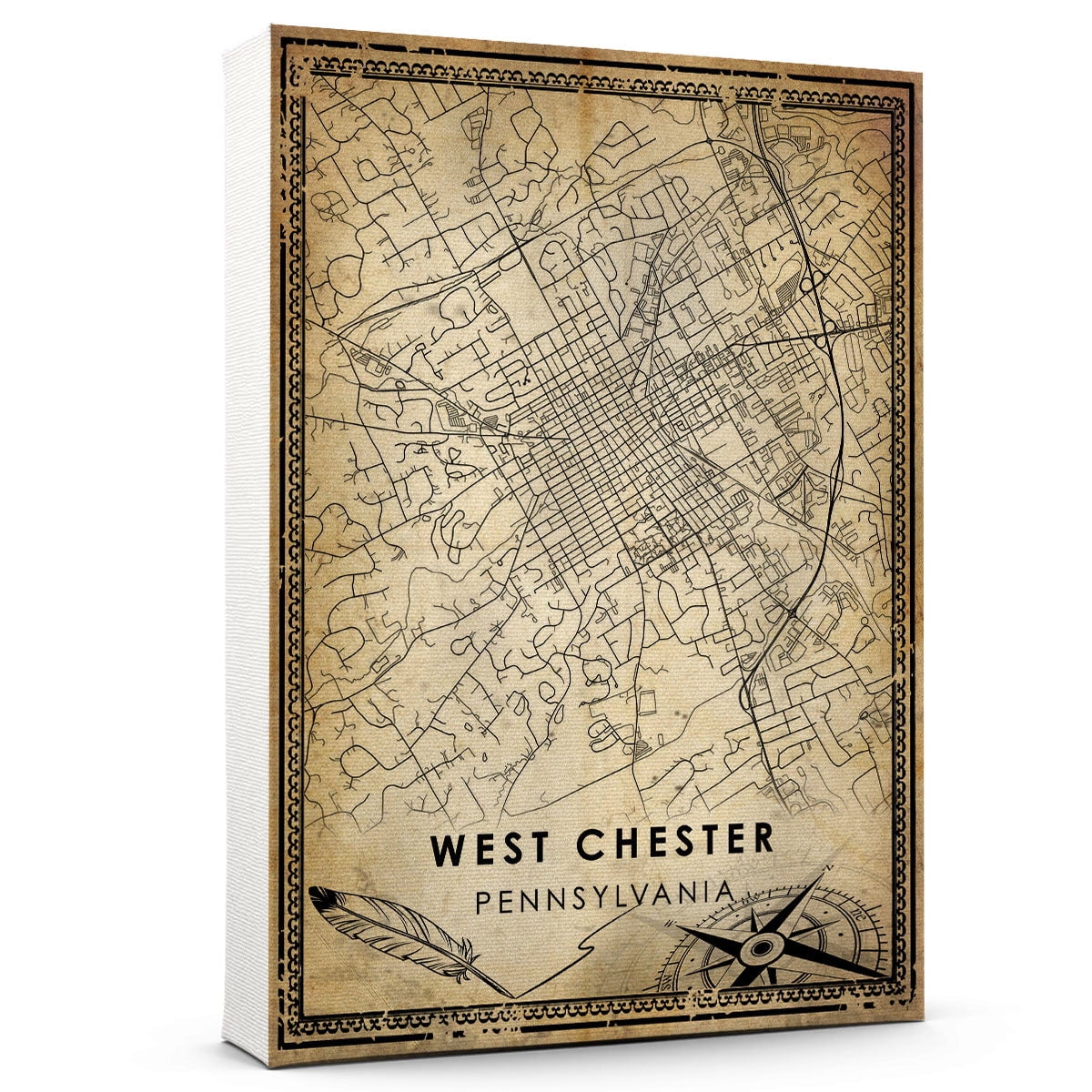 West Chester Vintage Map Prints Canvas, Pennsylvania Map Art Canvas ...