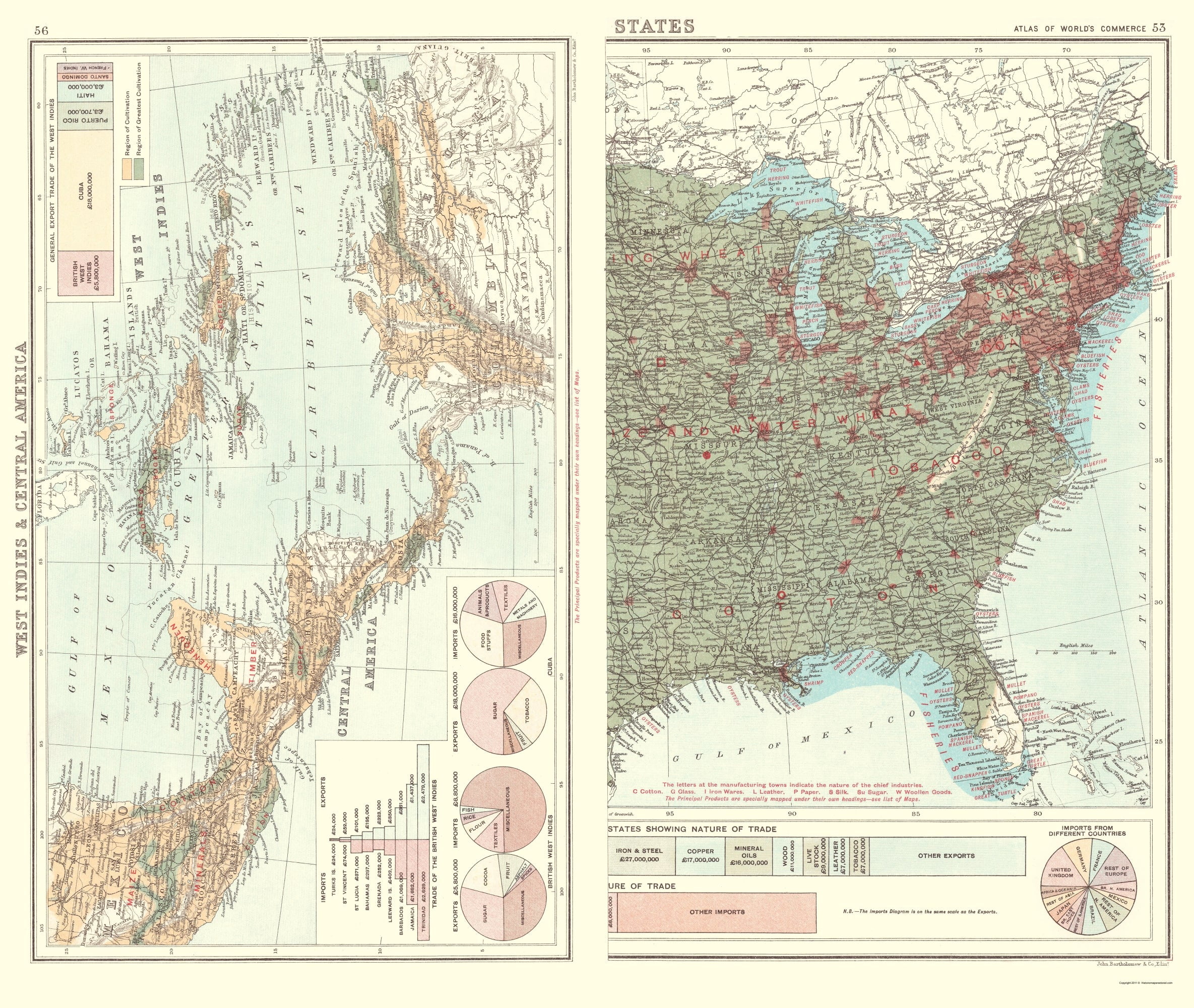 Historic Map - West Indies Trade Charts - Bartholomew 1907 - 23 x 27 ...