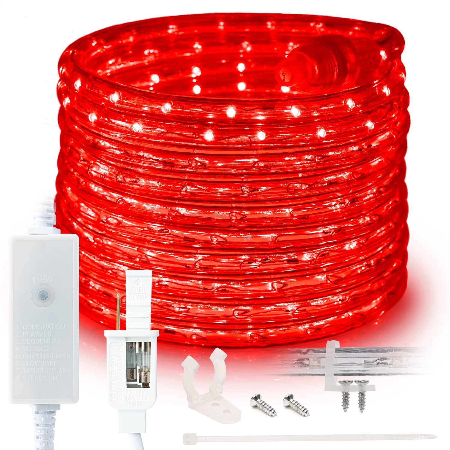 West Ivory 190 LEDs, 25ft Red LED Rope Light w/ 8 Mode 3/8" Thick ...
