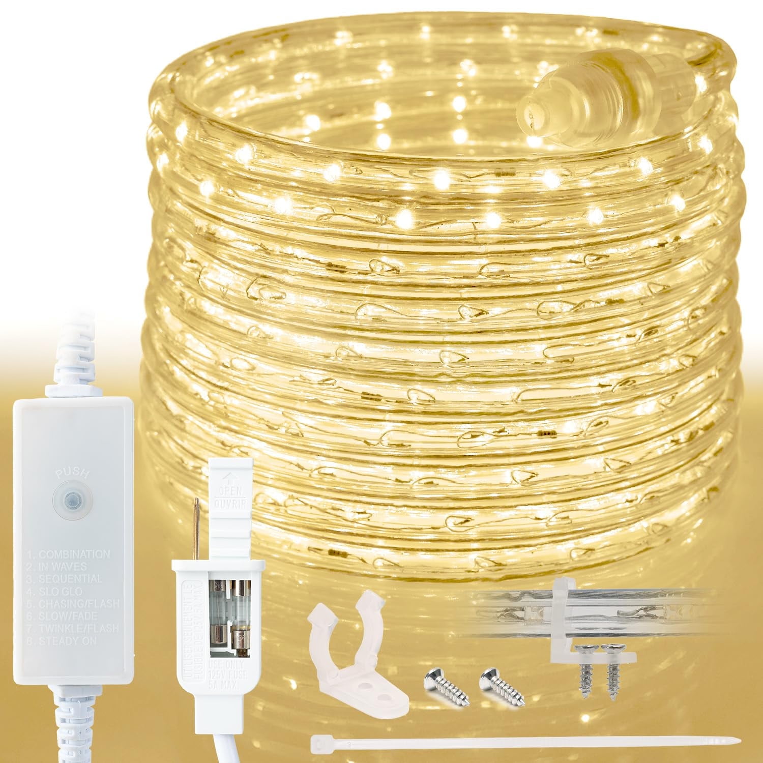 West Ivory 762LEDs, 100ft Warm White Outside LED Rope Light, 8 Modes ...