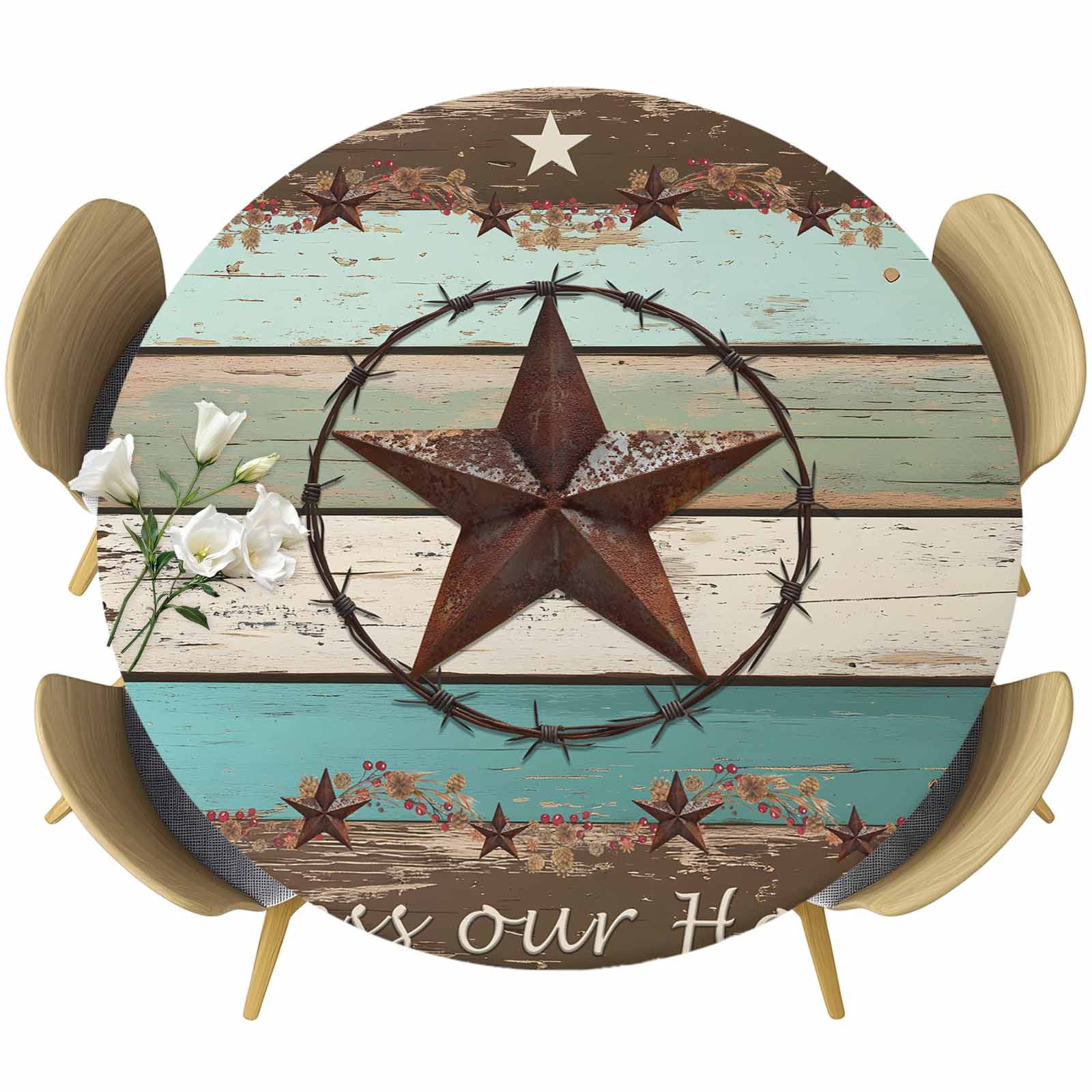 West Texas Star Rustic Round Tablecloth 55-60 Inch Round Fitted Table ...