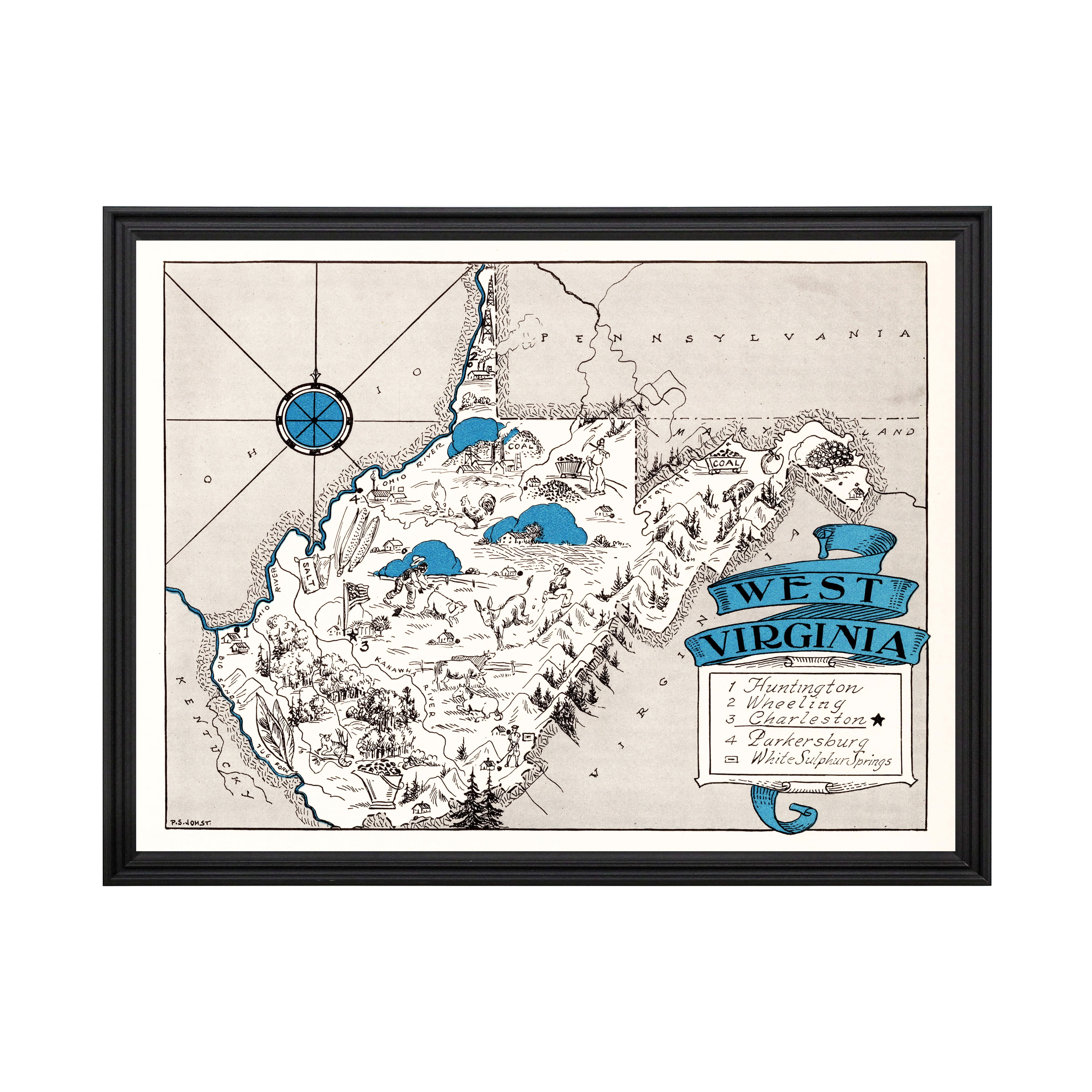 West Virginia Art, 1931 Vintage Map of West Virginia History Wall Decor ...