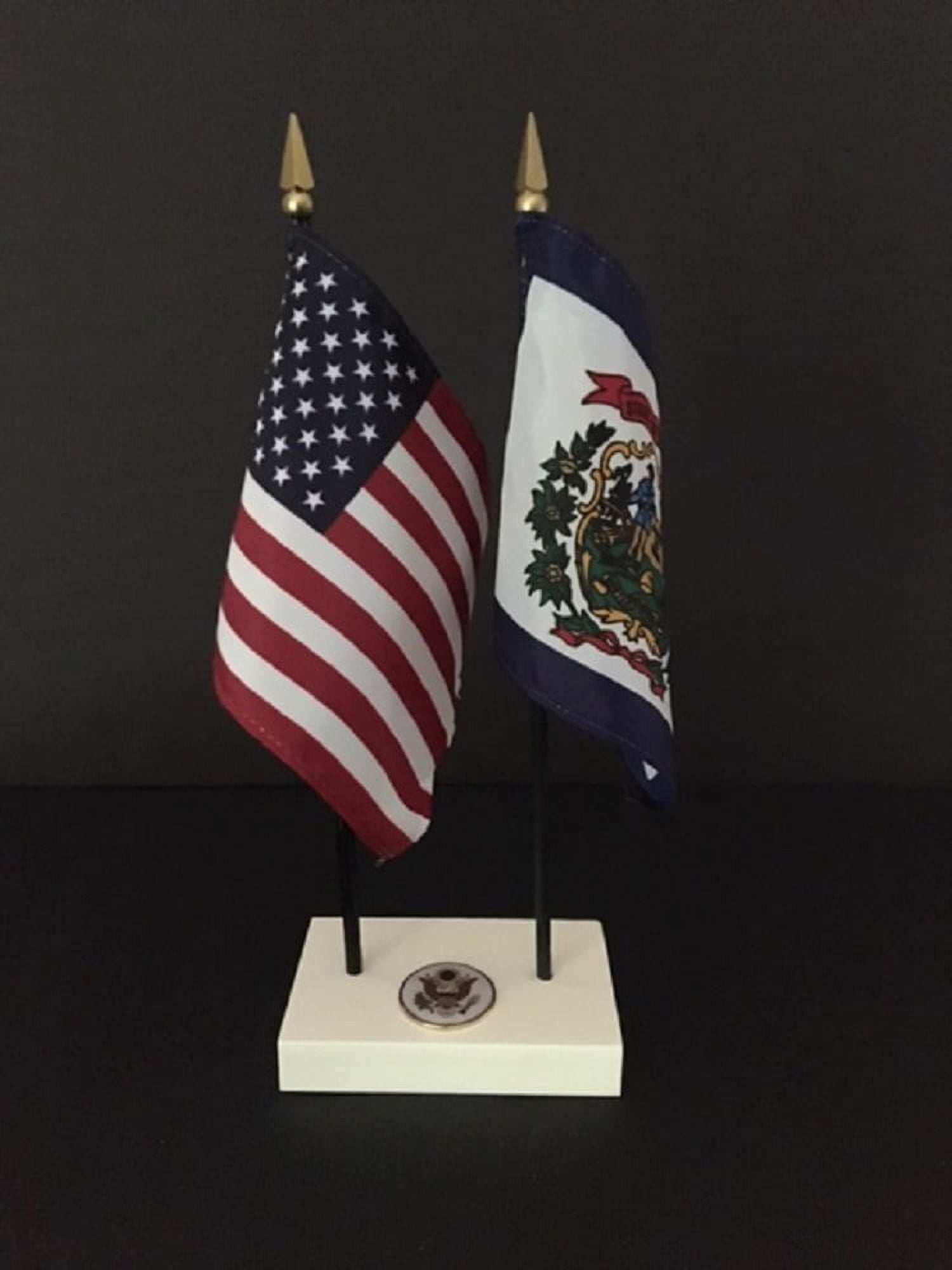 West Virginia Executive Desk Set; Two 4x6 Inch Flags, White Base with ...