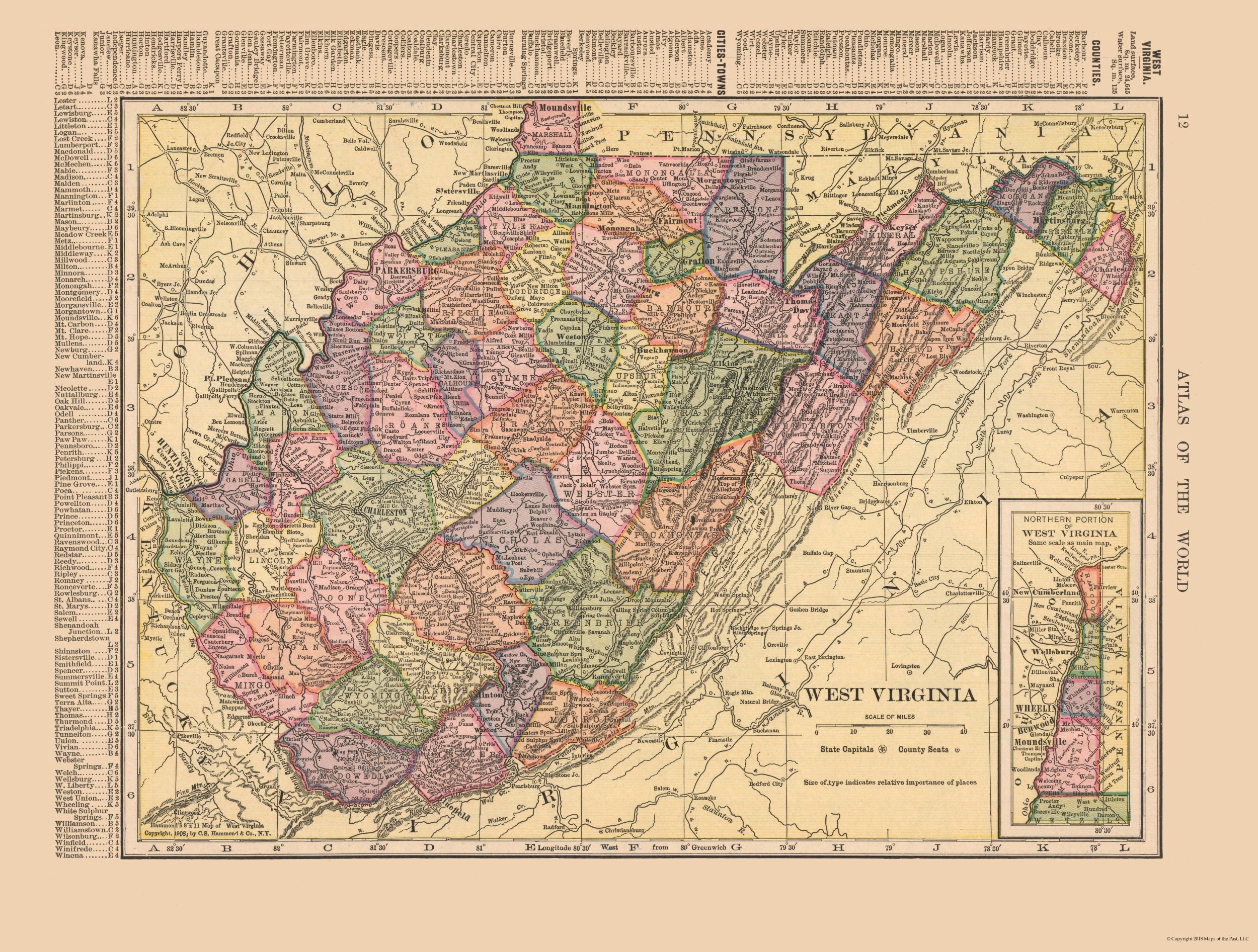 Historic State Map - West Virginia - Hammond 1910 - 30.37 x 23 ...