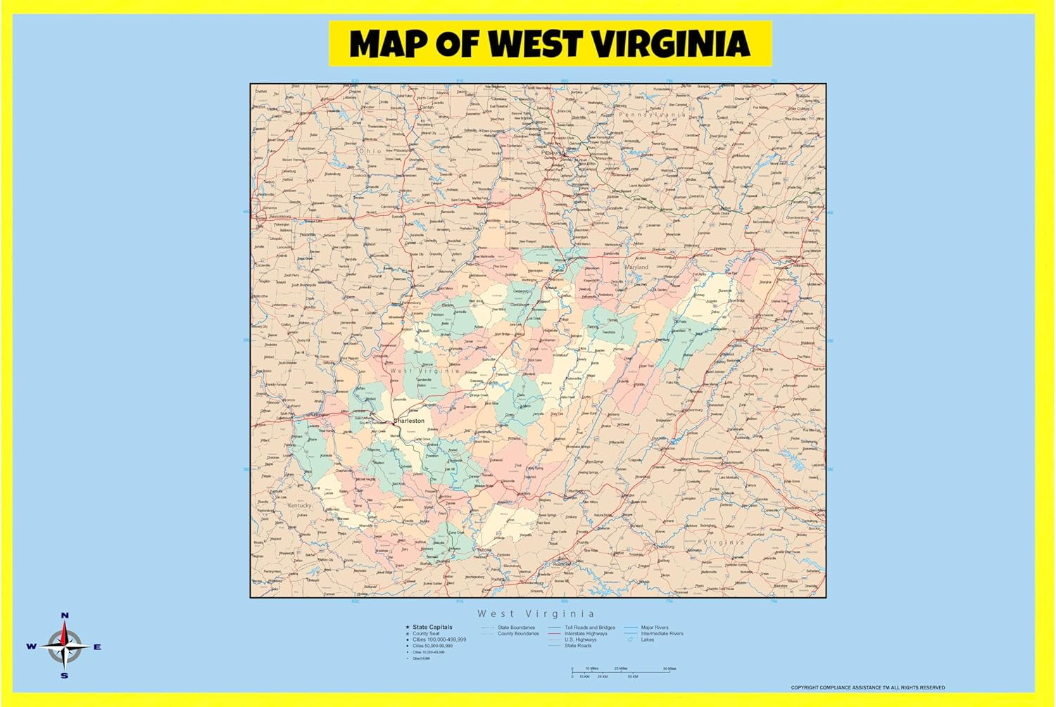 West Virginia Map Poster - Laminated Wall Map - Style B - 36x60 - Ideal ...