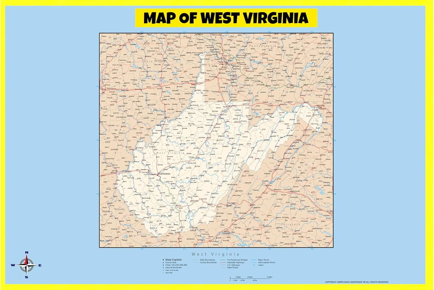 West Virginia Map Poster - Laminated Wall Map - Style C - 36x60 - Ideal ...