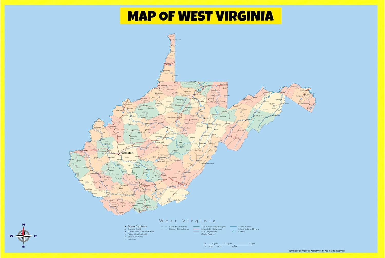 West Virginia - Map Poster - Laminated Wall Map - Style D - 18x24 ...