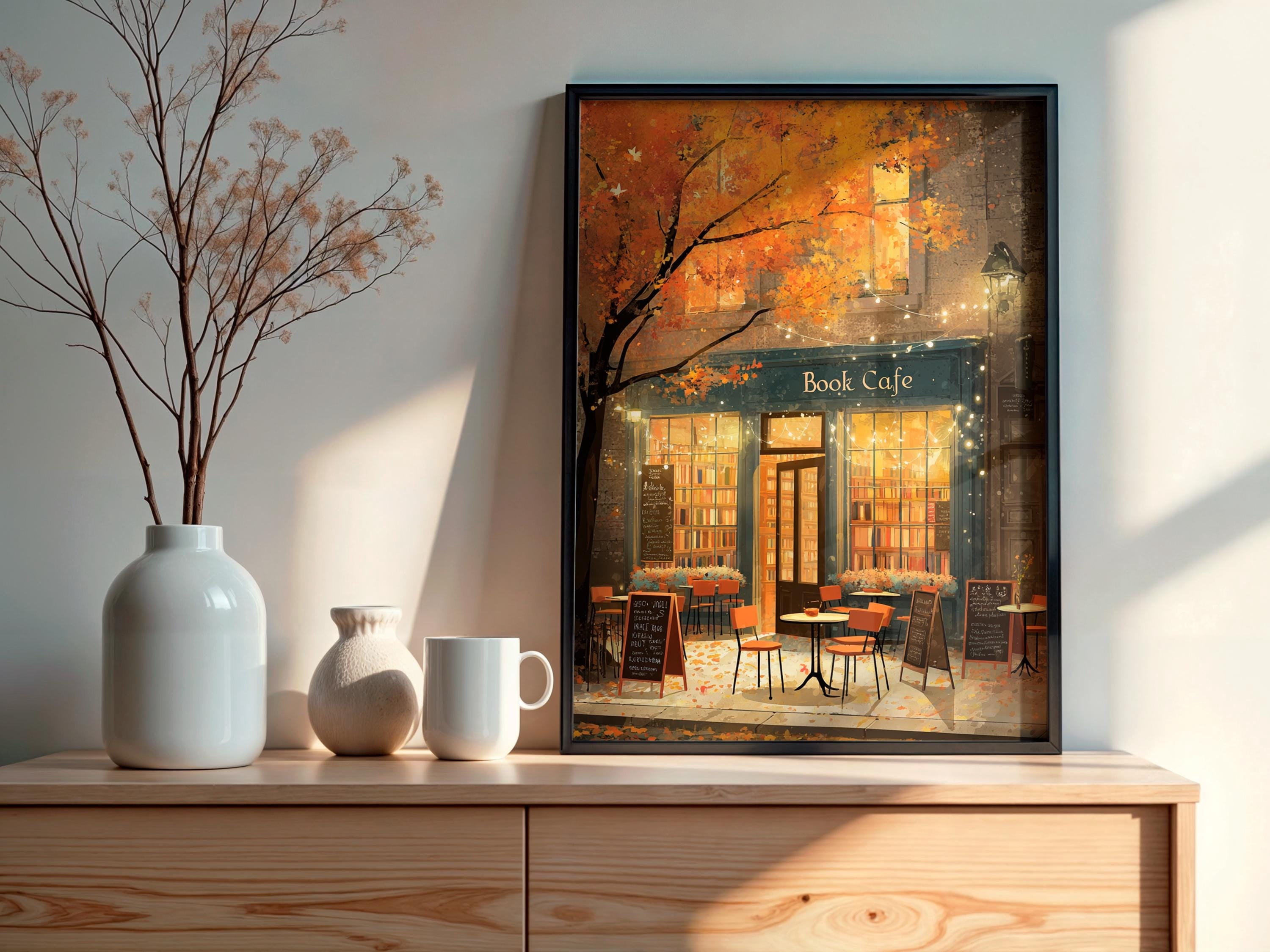 WestConfe Cozy Autumn Coffee Shop| Fall Bookstore Wall Art | Moody Cafe ...