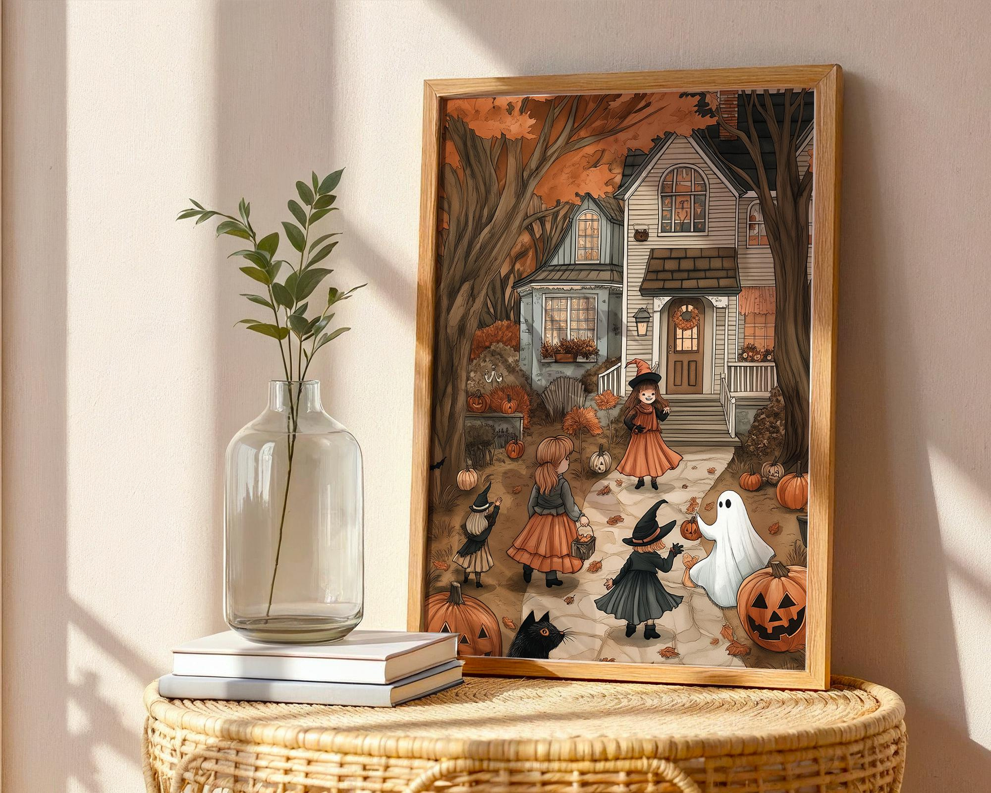WestConfe Halloween Trick-or-Treat Wall Art Cozy Autumn House Scene ...