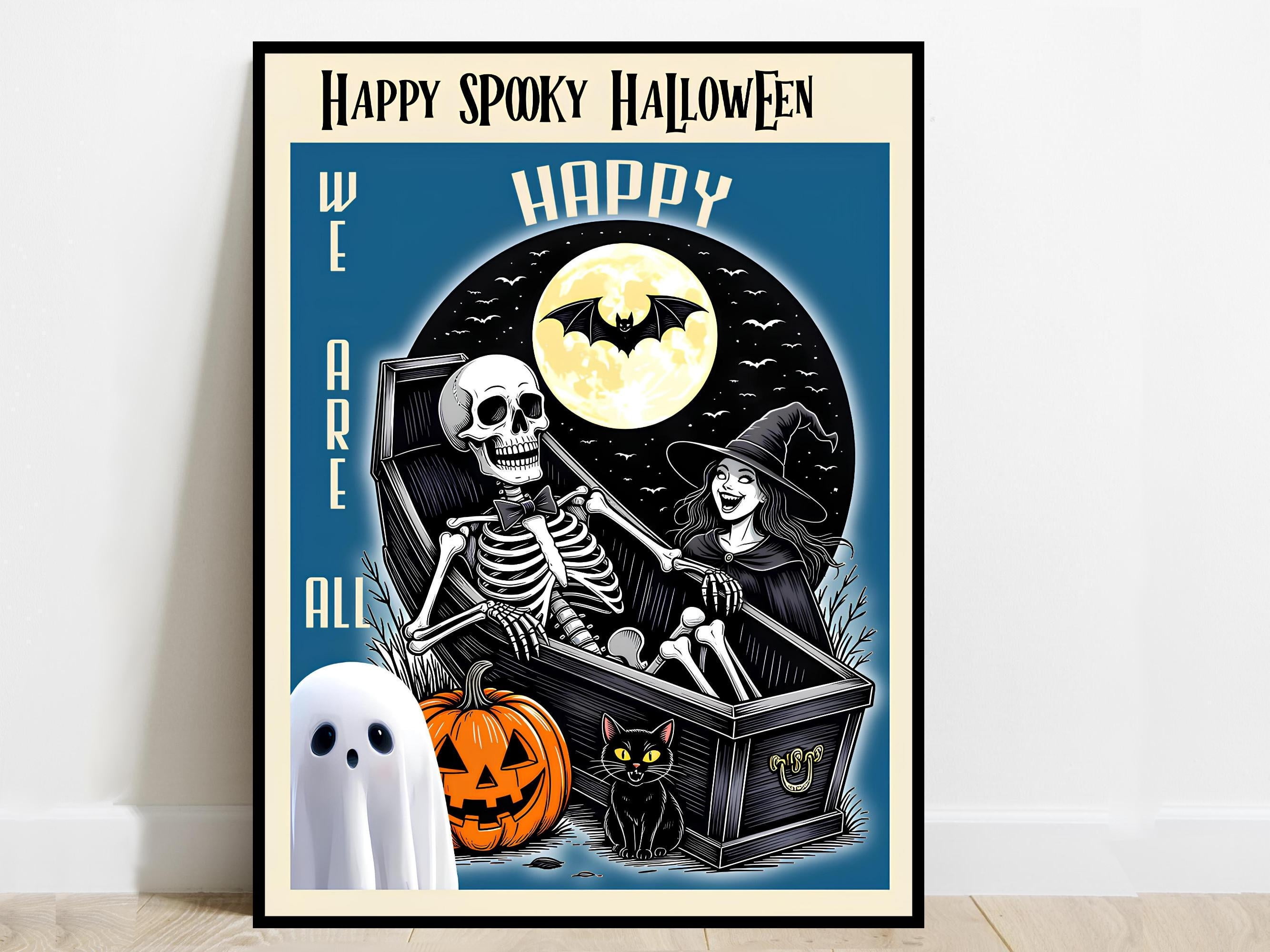 WestConfe Happy Spooky Halloween Art Print | Skeleton Witch Ghost Cat ...