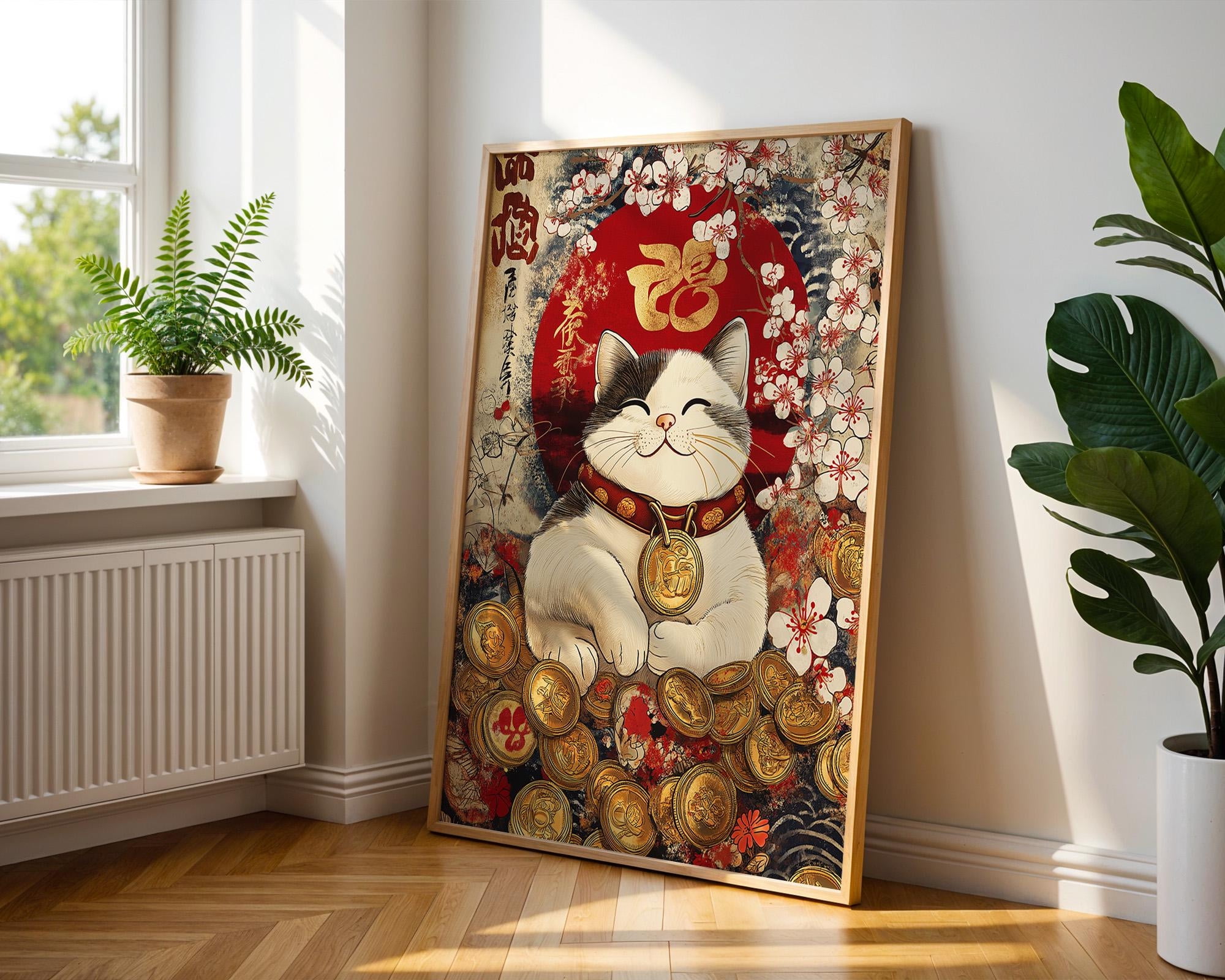 WestConfe Lucky Cat Maneki Neko Poster - Japanese Fortune Cat Wall Art ...