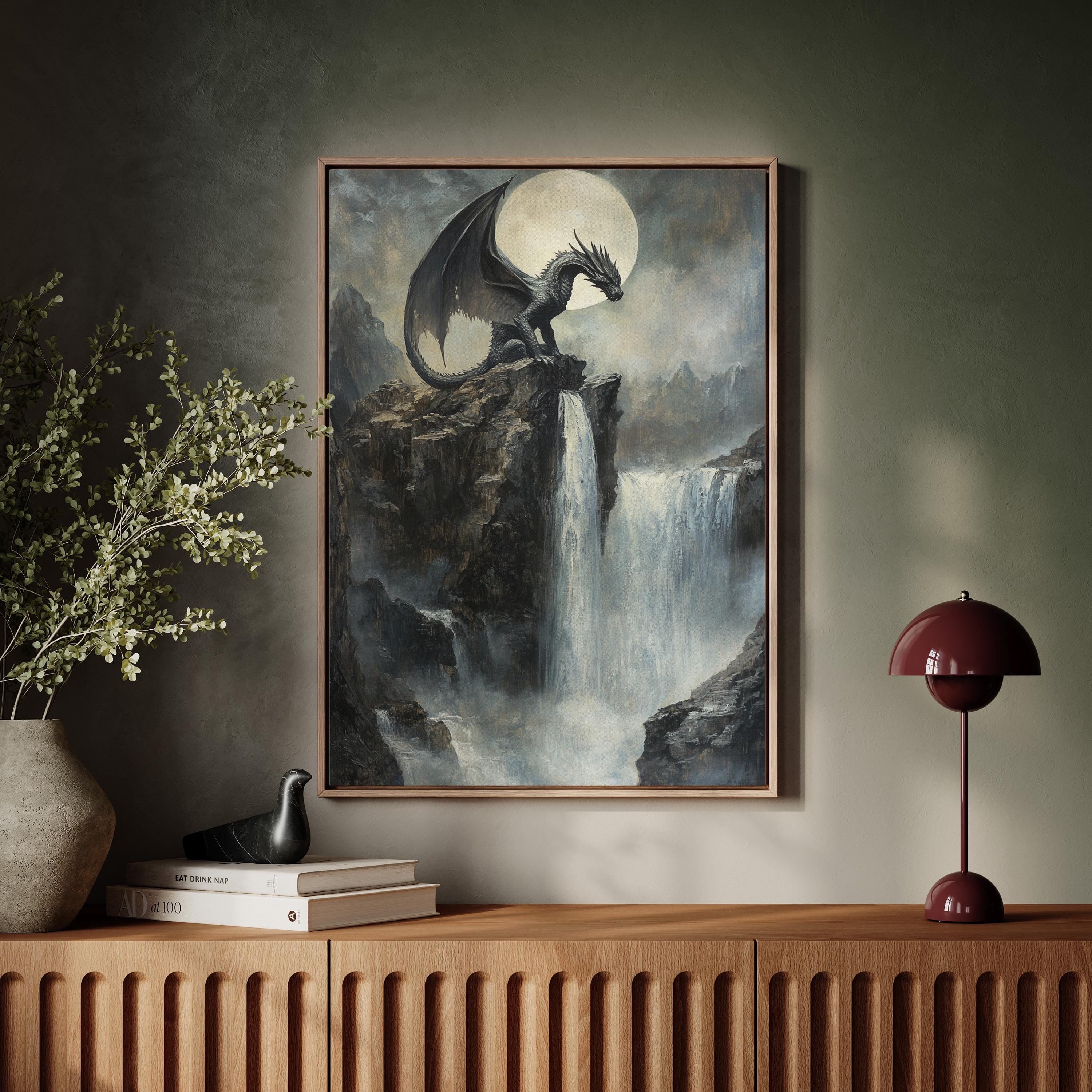 WestConfe Majestic Dragon Perched on Waterfall Cliff Under Moonlight ...