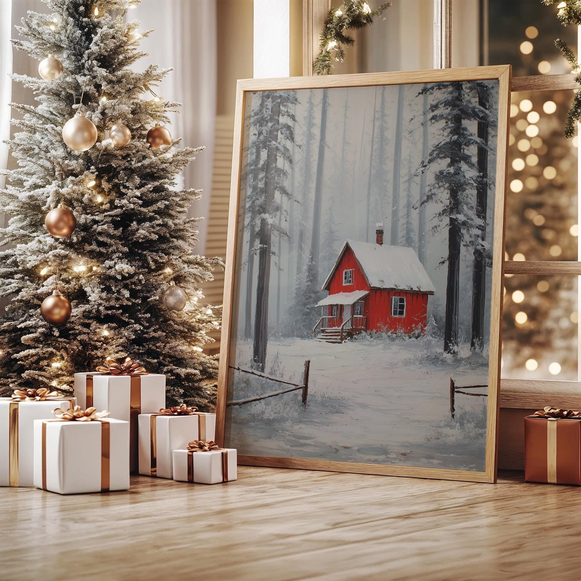 WestConfe Red Cabin in Snowy Winter Forest - Walmart.com