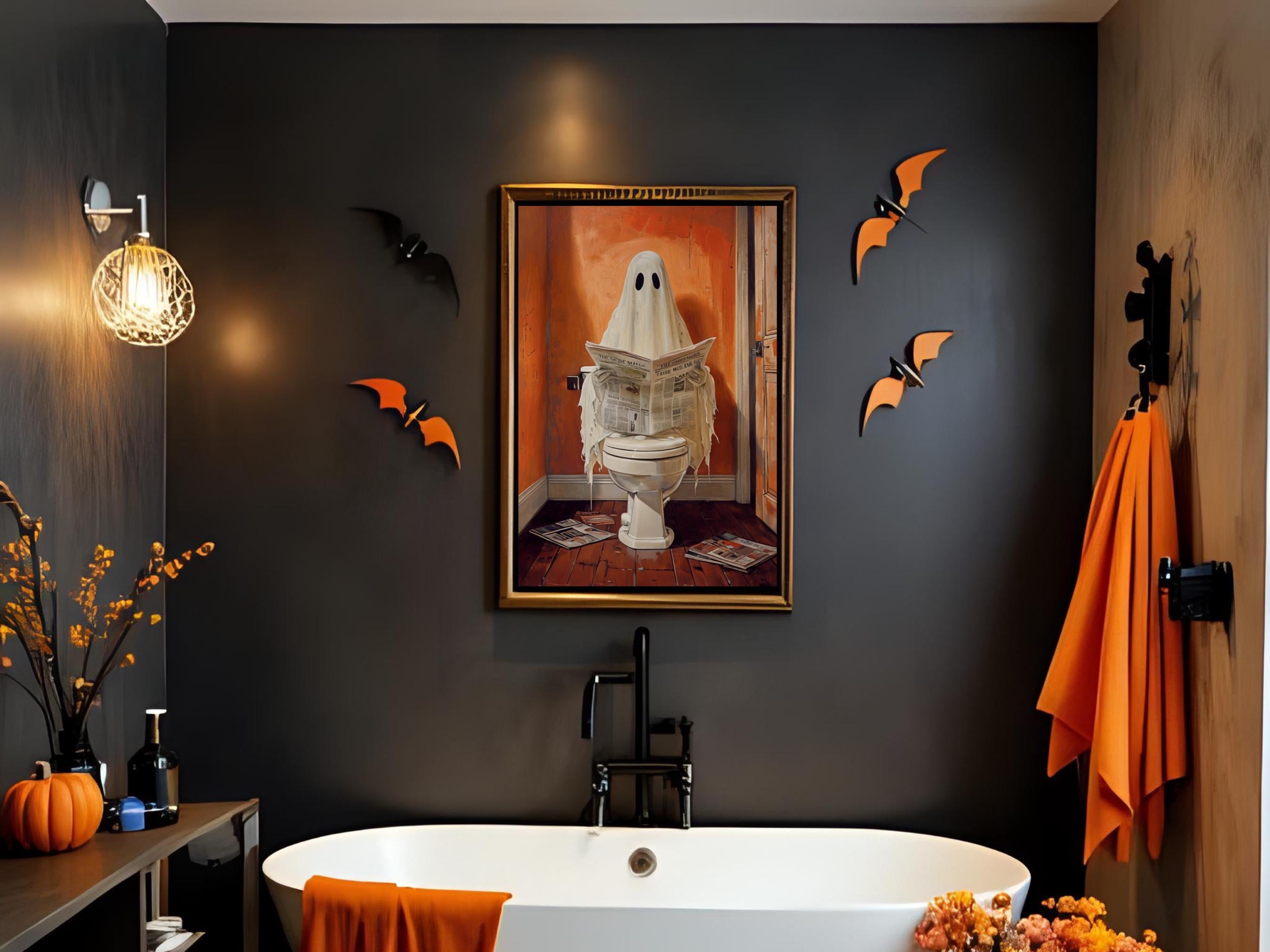 WestConfe Spooky Bathroom Halloween Poster: Ghost on Toilet, Bathroom ...