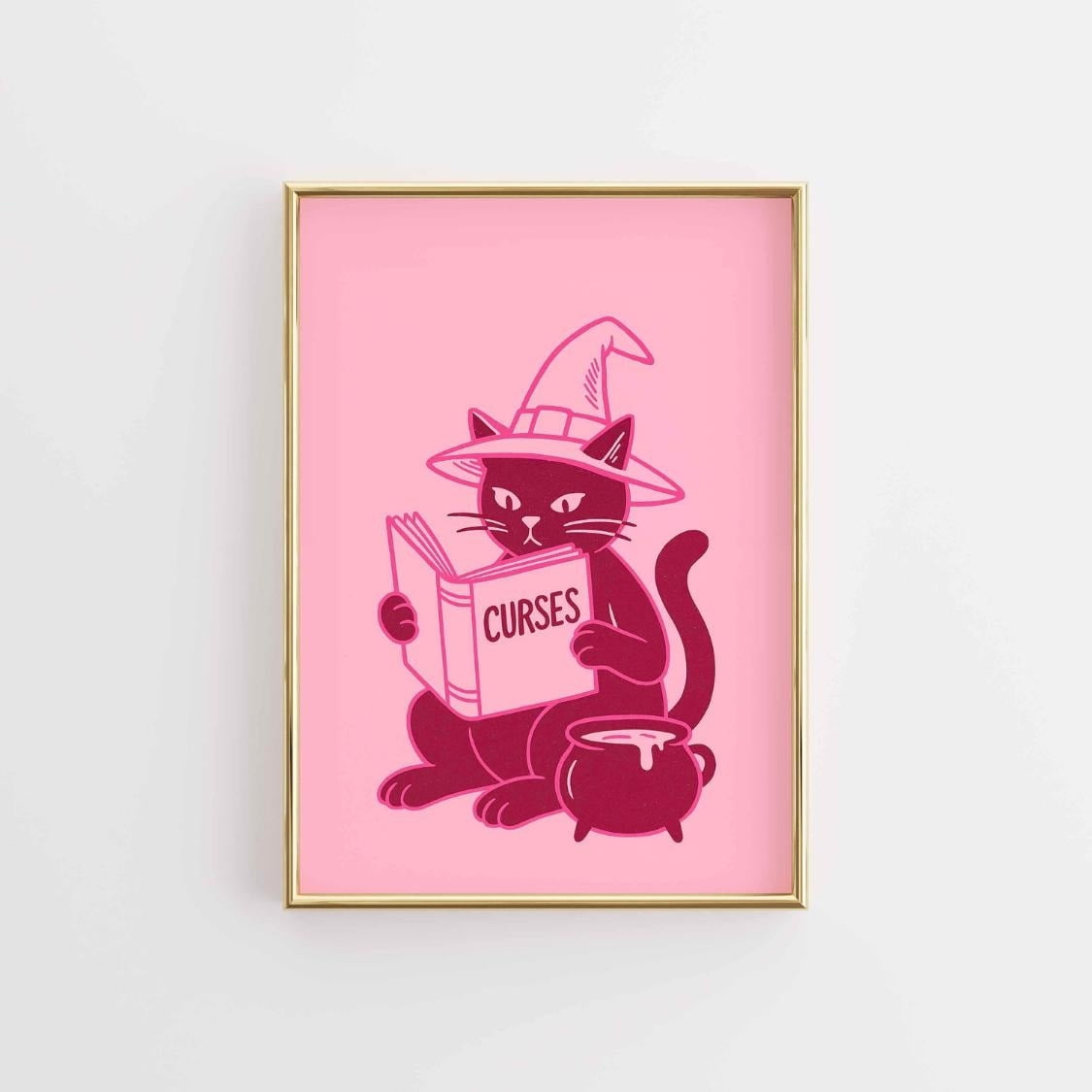 WestConfe Witch Cat Wall Art, Funny Halloween Cat Print, Pink Spooky ...
