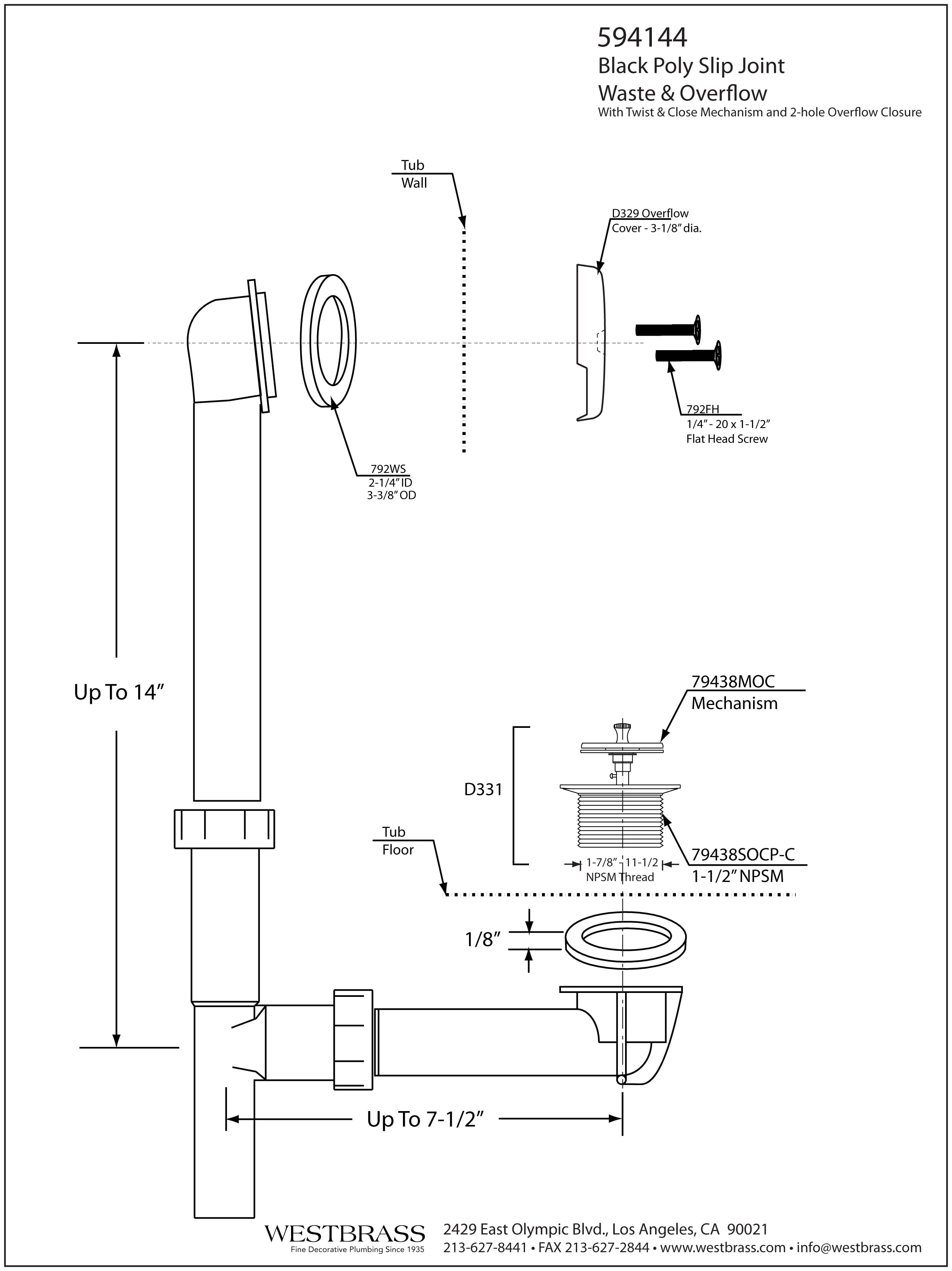 Westbrass 594144-26 14" Black Poly Bath Overflow Assembly with Twist ...