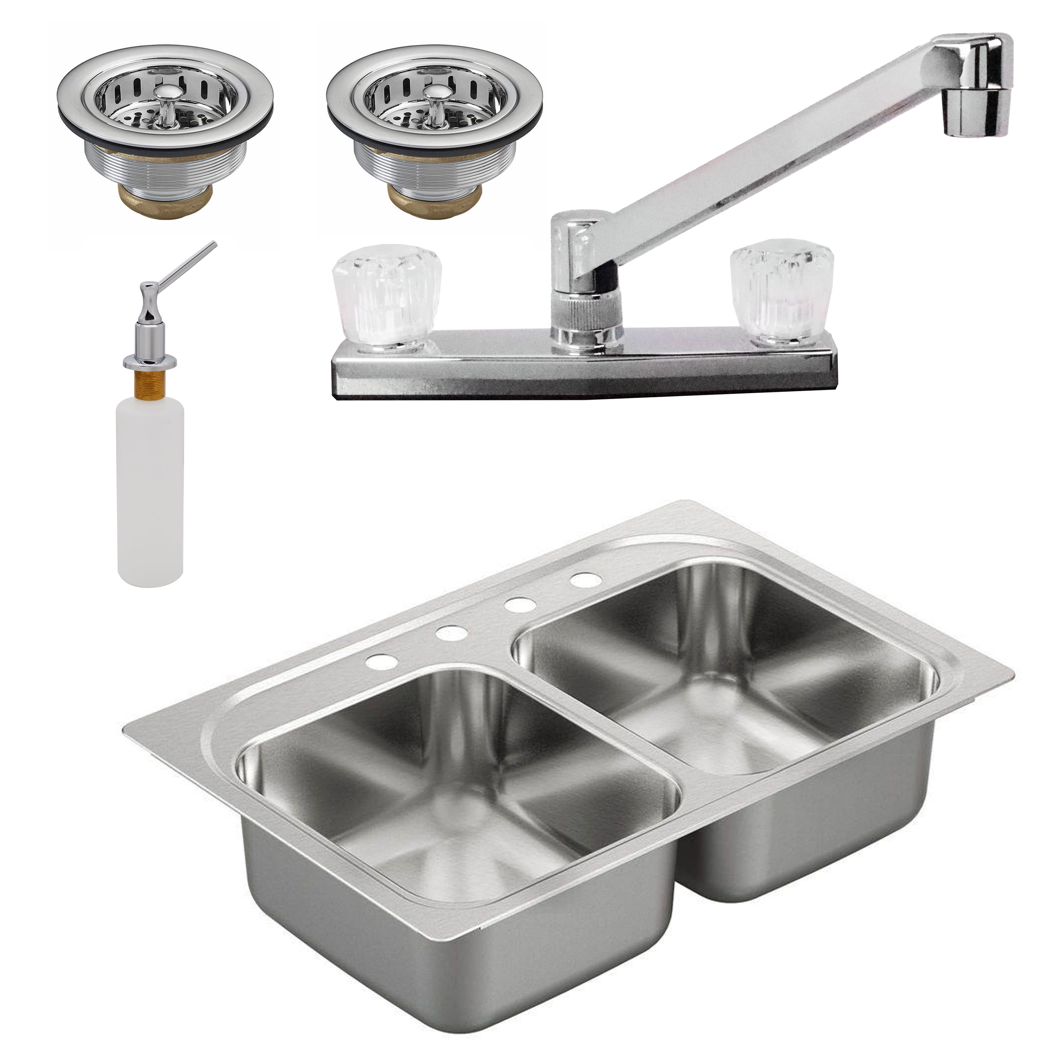 Westbrass D33228KIT-26 33" Double Bowl Stainless Steel Kitchen Sink Kit with 2-Handle Faucet ...