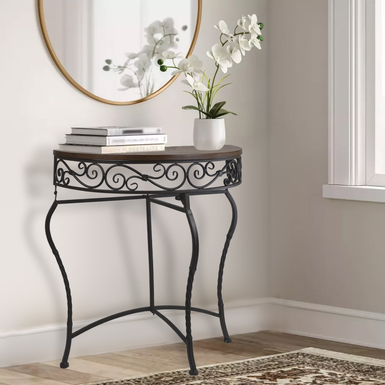Westcharm Boston Small Metal Half Moon Side Table for Entryway Hallway Living Room and Kitchen Black and Dark Brown Walmart