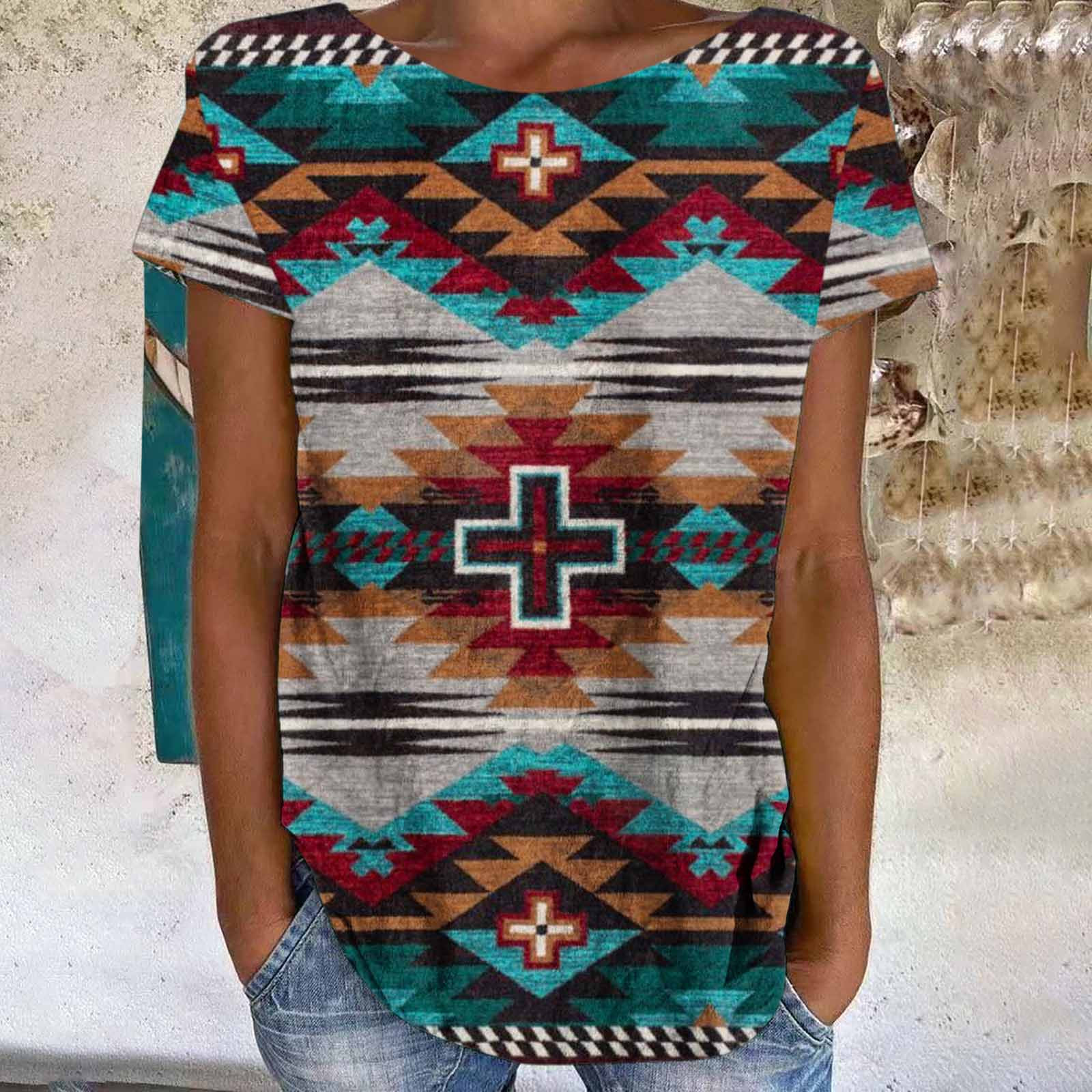 Western Aztec Ethnic Diamond Print Shirt for Women Aztec Geometric ...