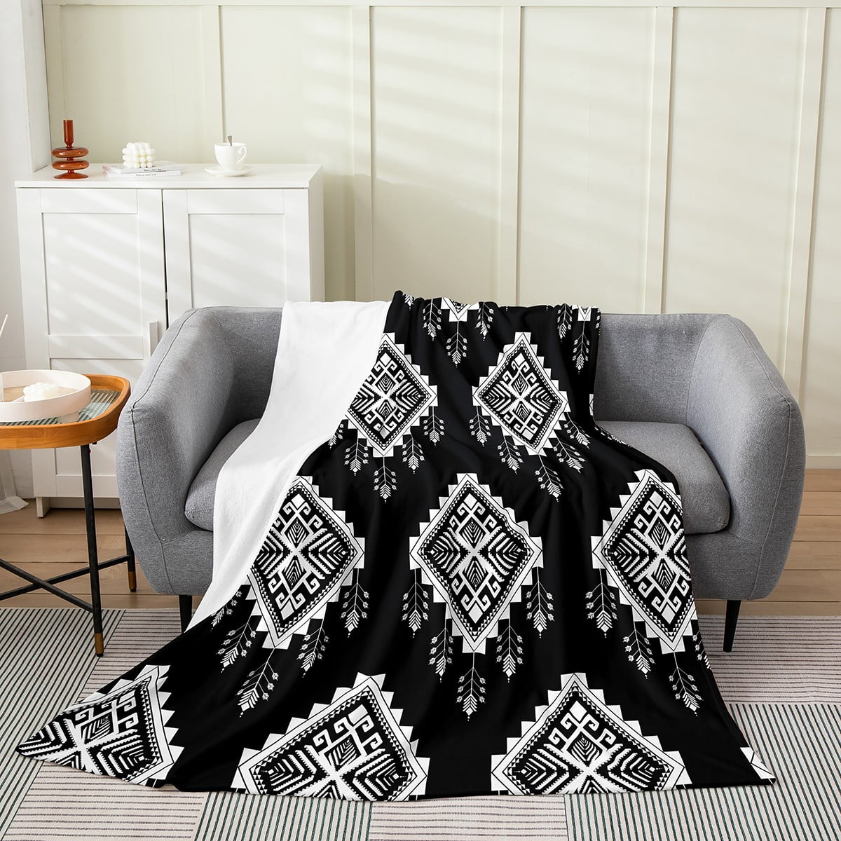 Western Aztec Sherpa Blanket Exotic Mexican Bohemian Throw Blanket Black White Boho Aztec ...
