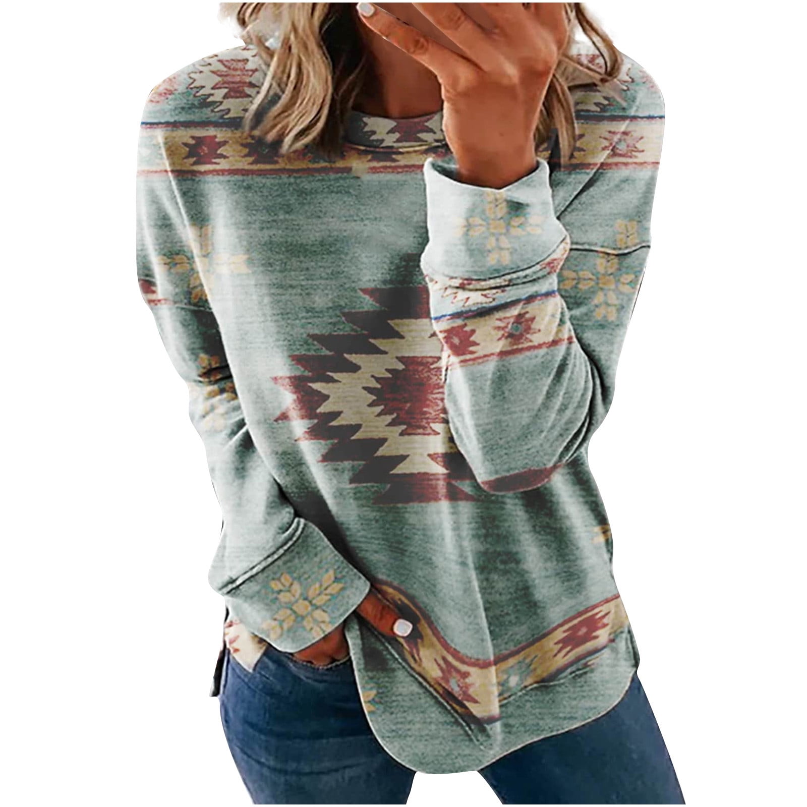 Western Aztec Shirts For Women Long Sleeve Zipper Up Sweatshirt Ethnic