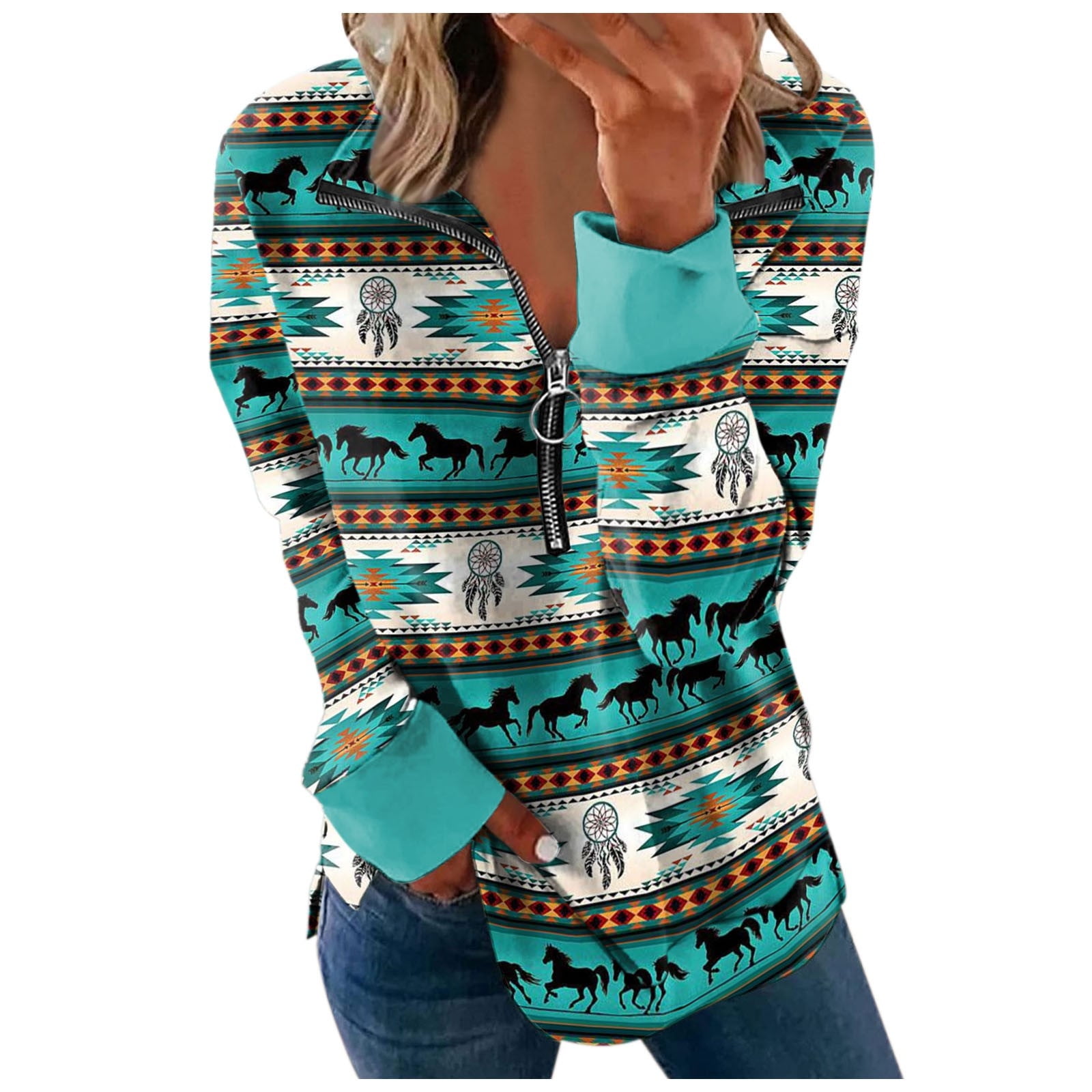 Western Aztec Shirts for Women Long Sleeve Zipper Up Sweatshirt Ethnic ...