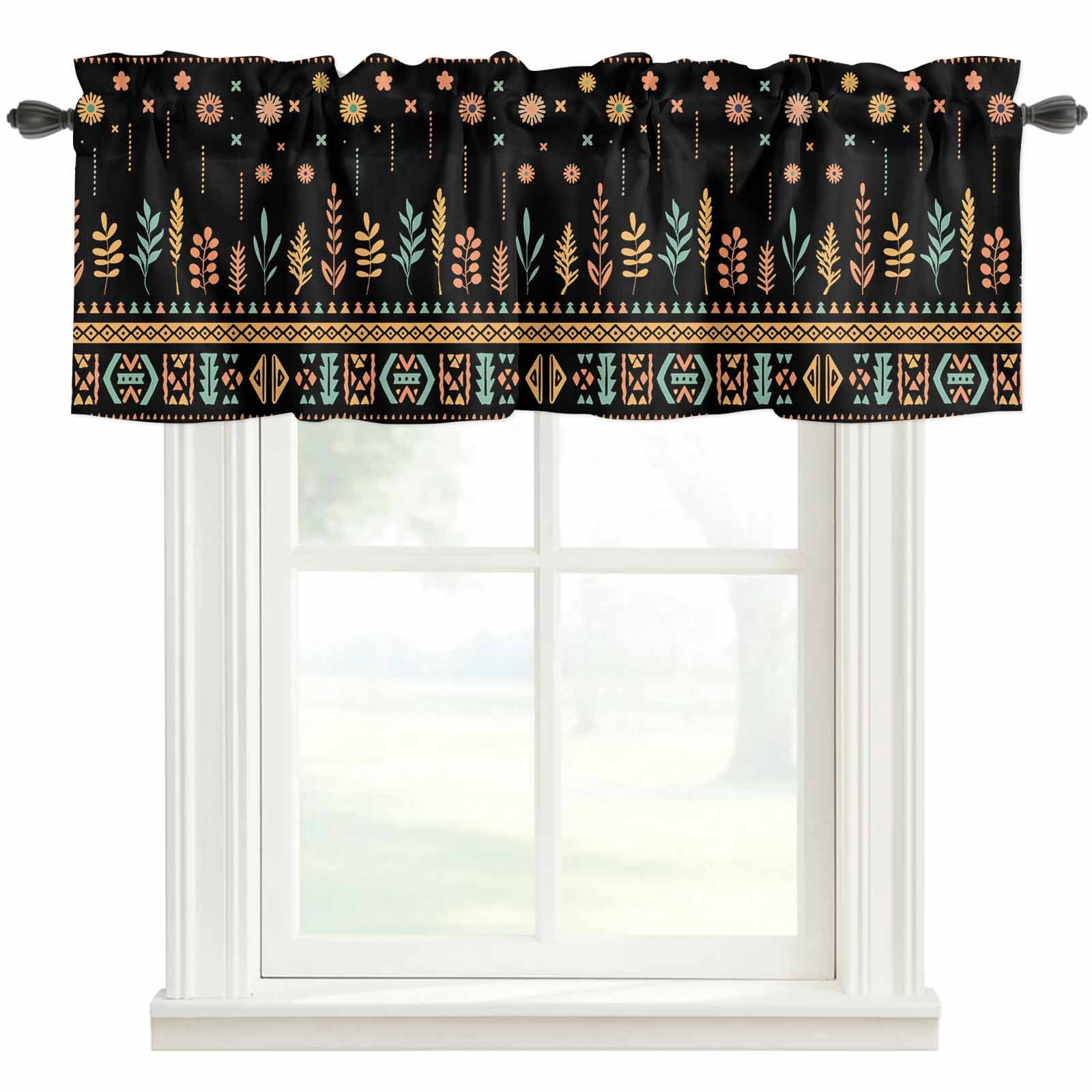 Western Aztec Window Valance Curtain Black Ethnic Floral Grass Rod ...