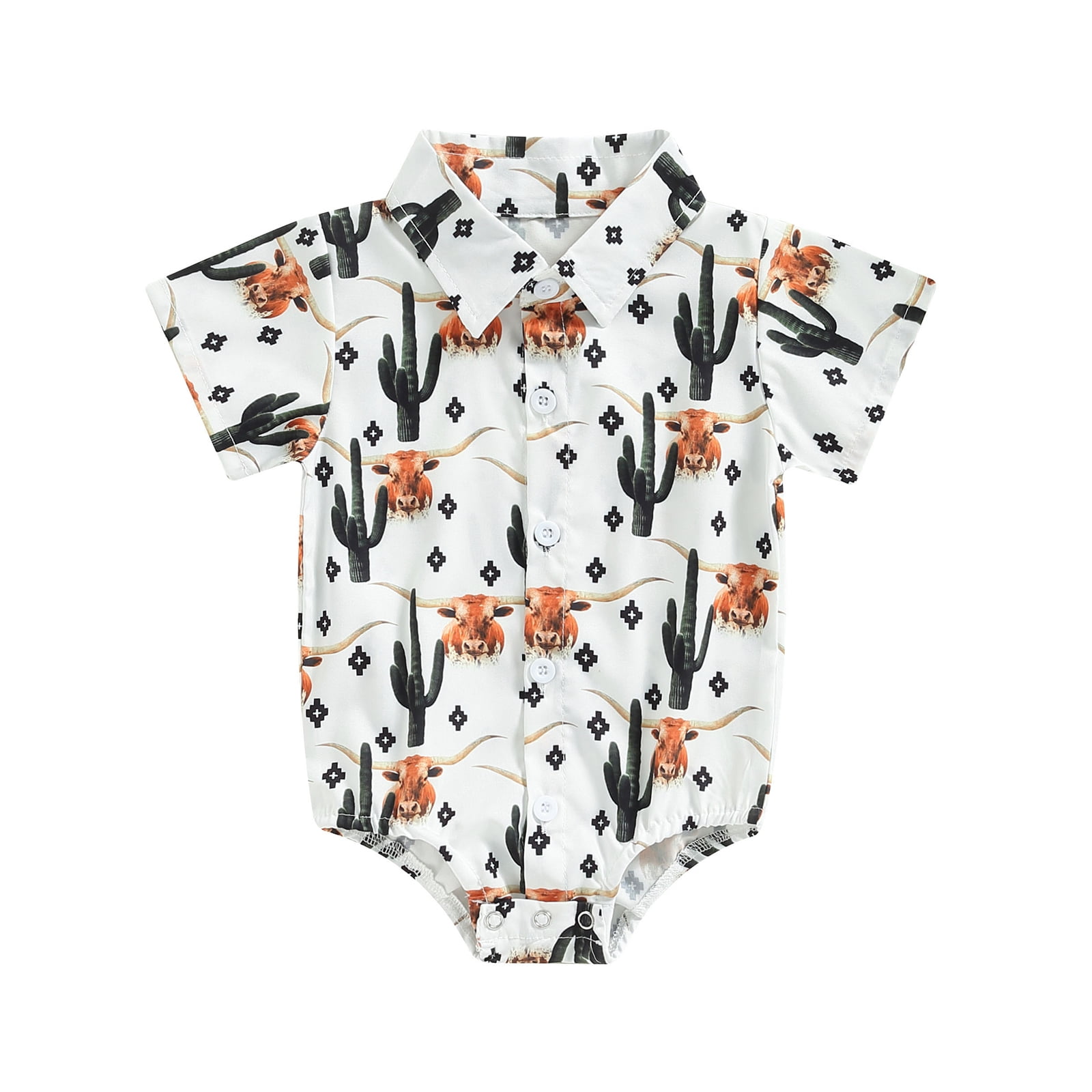 Western Baby Boy Clothes Cow Print Shirt Romper Infant Short Sleeve Button Down Bodysuit one ...