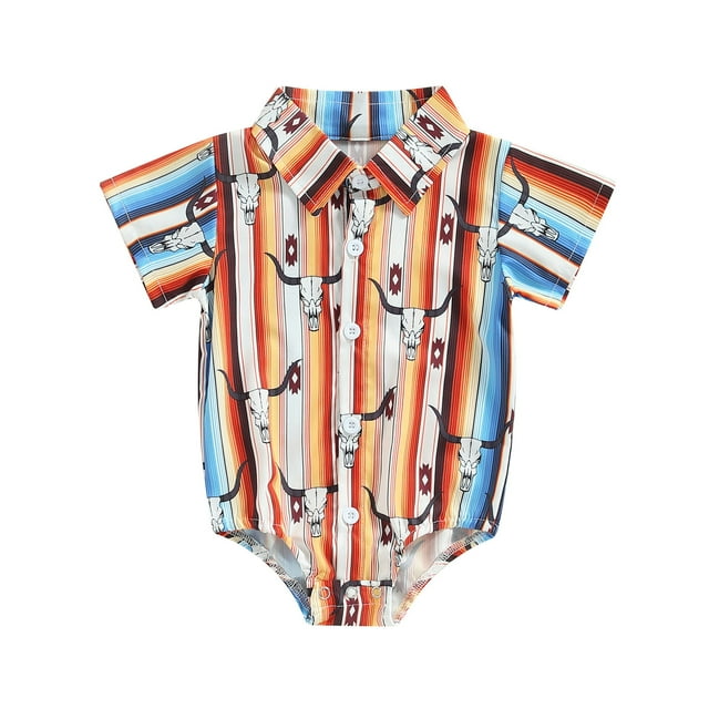 Western Baby Boy Clothes Cow Print Shirt Romper Short Sleeve Lapel Button Bodysuit Cowboy One ...