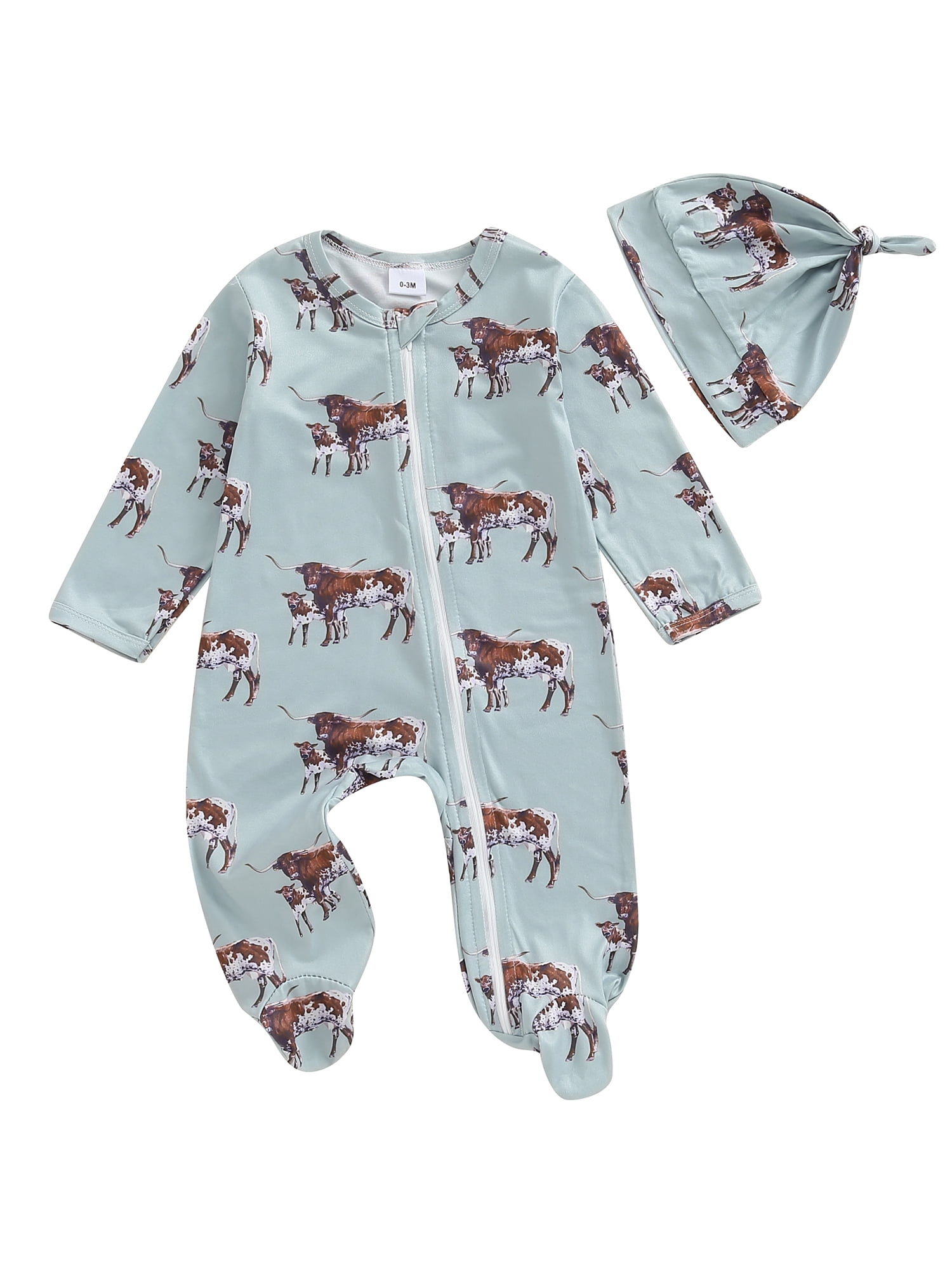 Western Baby Boy Girl Clothes Infant Footies Romper Cow/Horse Long Sleeve Zipper Jumpsuit with ...