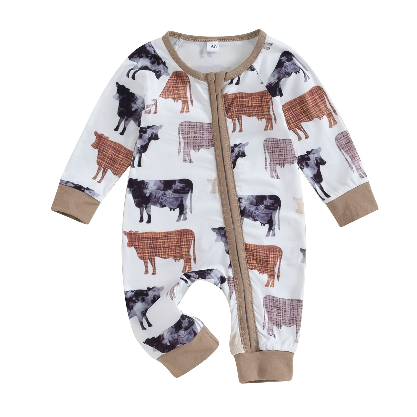 Western Baby Girl Boy Clothes 3M 6M 12M Long Sleeve Cow Print Romper Zipper Bodysuit Jumpsuit ...