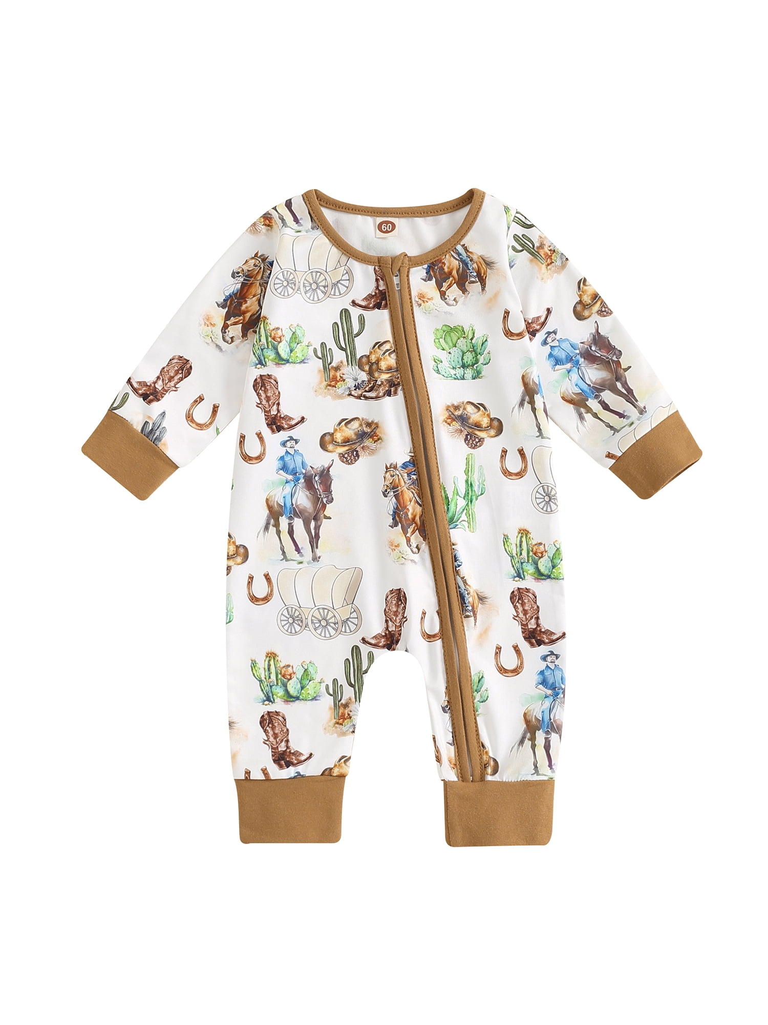 Western Baby Girl Boy Clothes Long Sleeve Cow Print Romper Zipper Bodysuit Jumpsuit One Piece ...