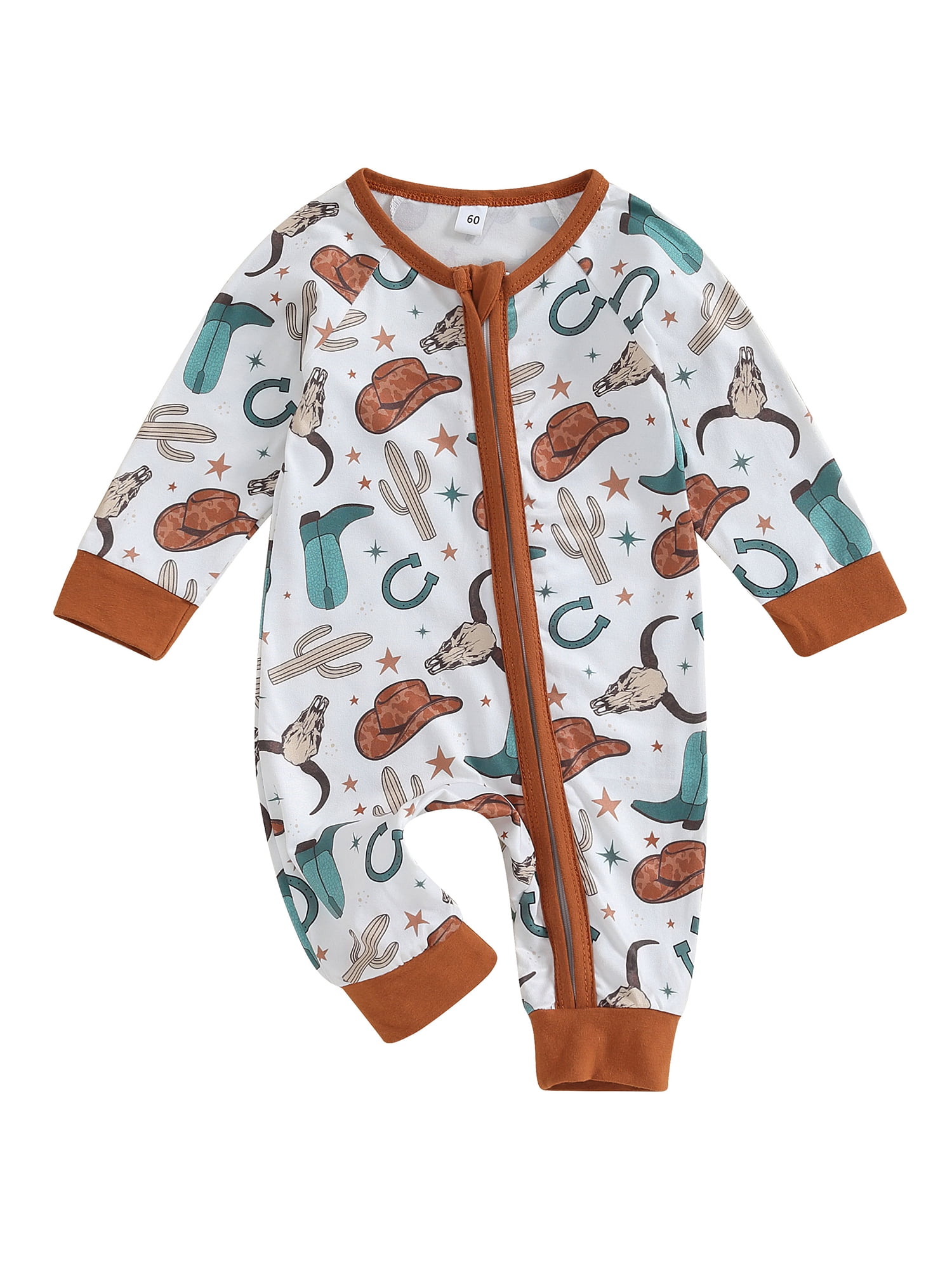 Western Baby Girl Boy Clothes Long Sleeve Cow Print Romper Zipper Bodysuit One Piece Jumpsuit ...
