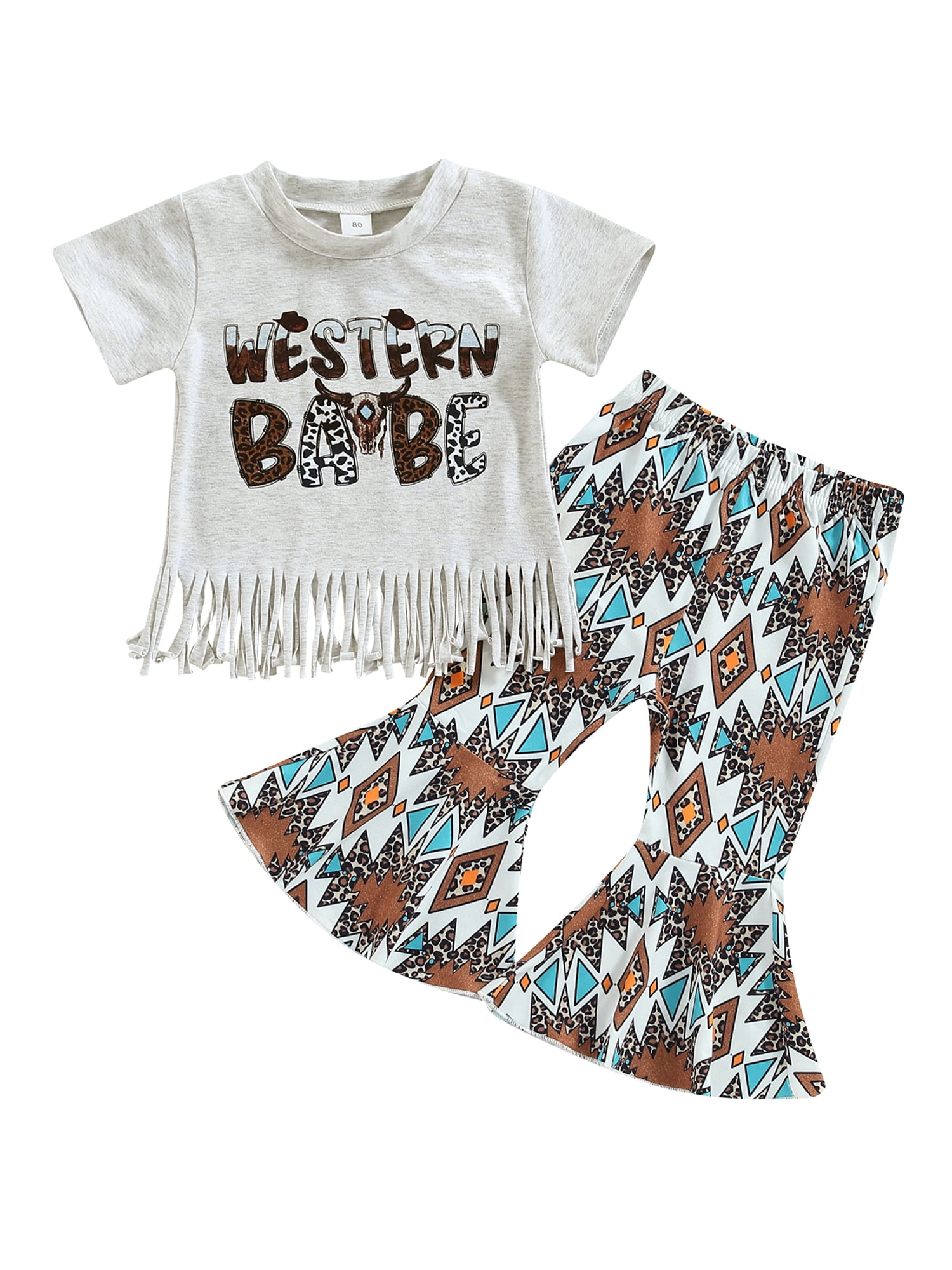 Western Baby Girl Clothes Cow Print Short Sleeve Tshirt Tass Top and Bell Bottom Pants Toddler ...