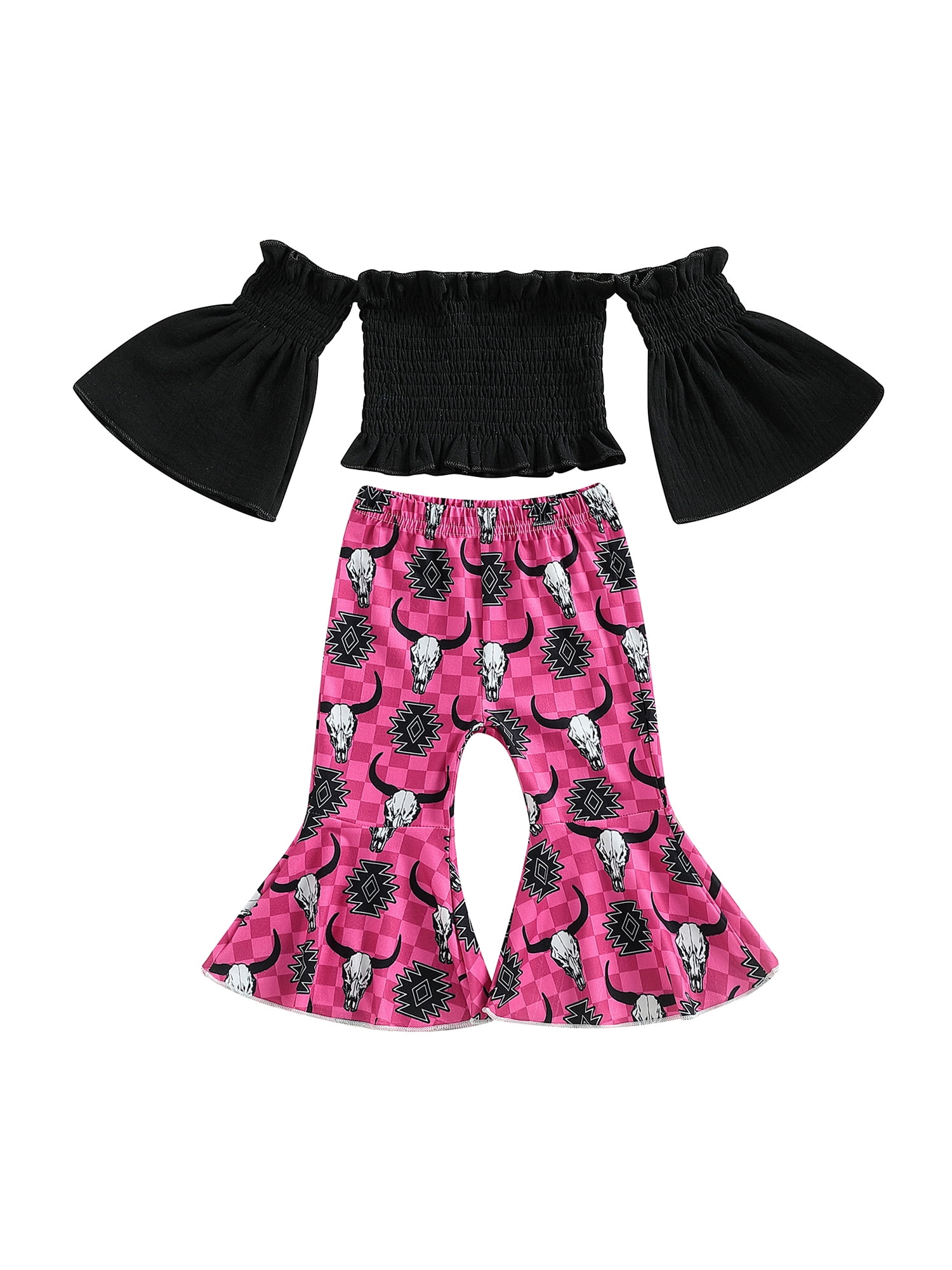 Western Baby Girl Clothes Cow Print Toddler Bell Bottoms Outfits Off Shoulder Ruffle Sleeve Top ...