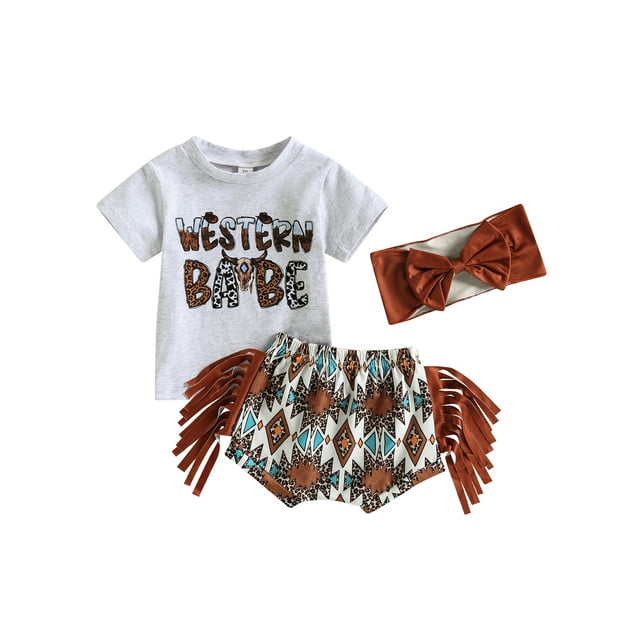Western Baby Girl Outfits Cow Print Short Sleeve Tassel T-Shirt Tops Shorts Headband Set Cowgirl ...