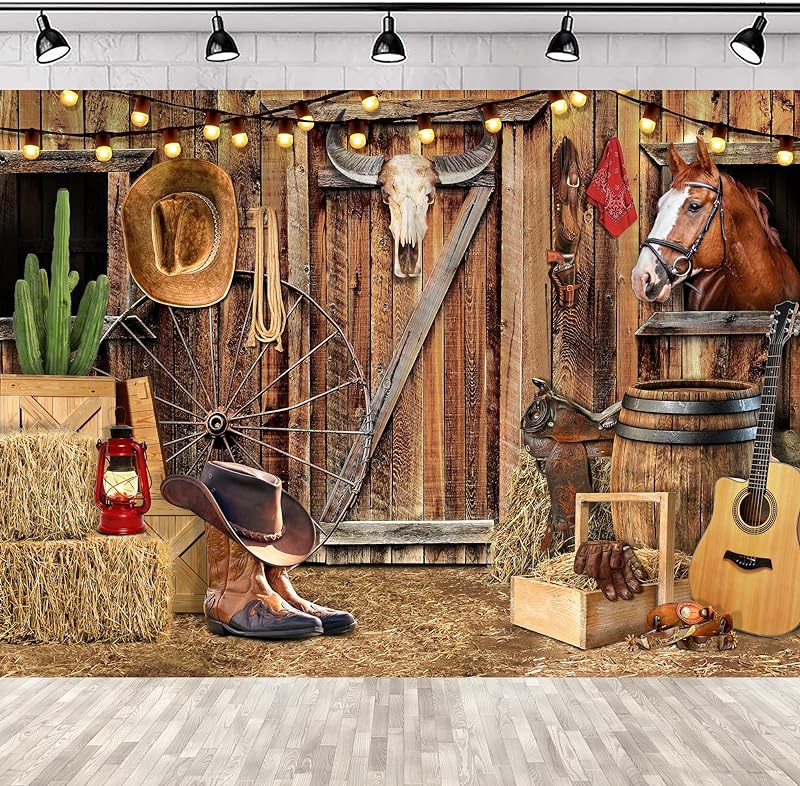 Western Backdrop 5Wx3H Cowboy Birthday Banner Wild West Horse Barn Door ...