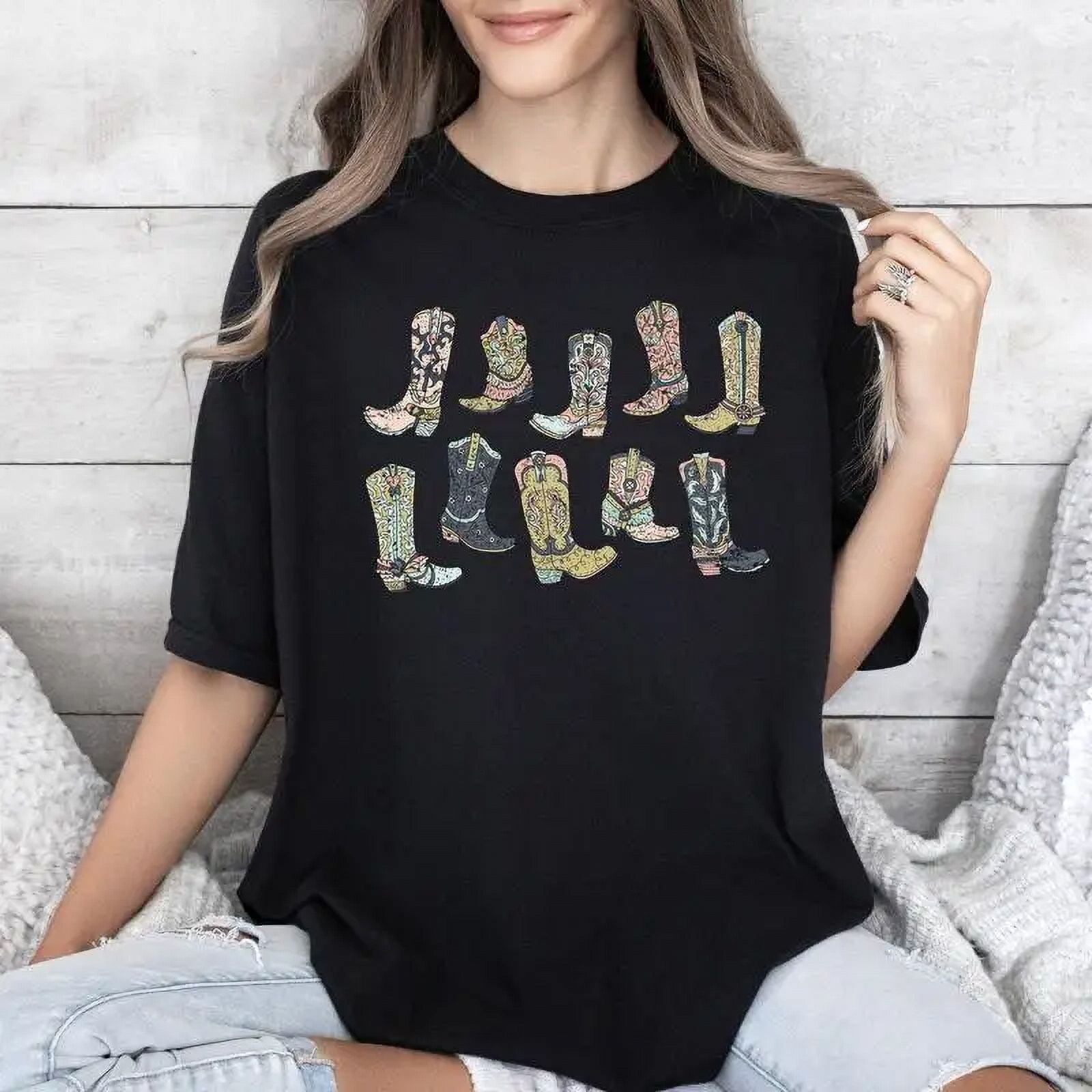 Western Bar Hopping Tee - Retro Boot Graphic Cotton Shirt Women's ...