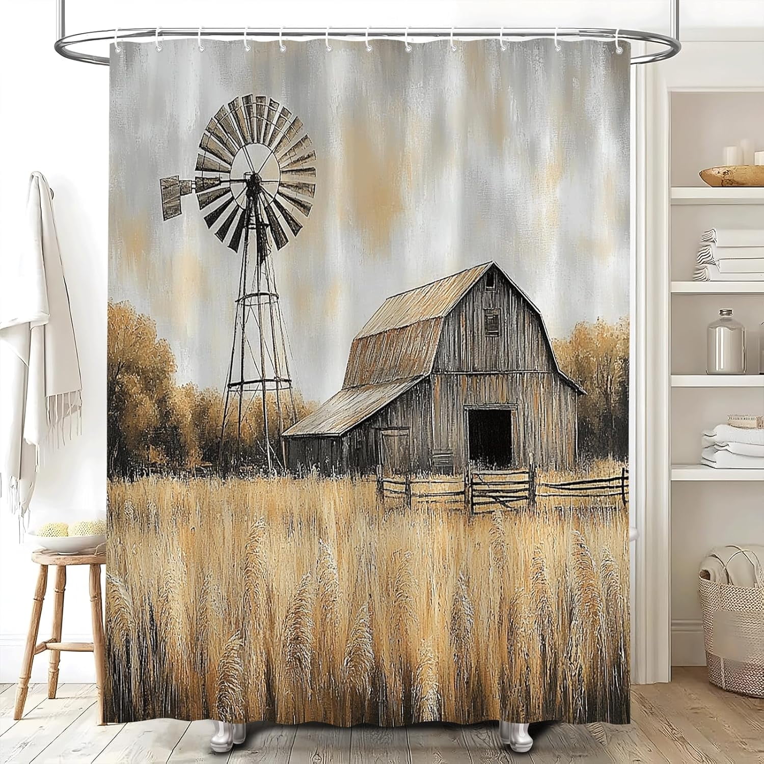 Western Barn Windmill Shower Curtain Rustic Farmhouse Retro Farm ...