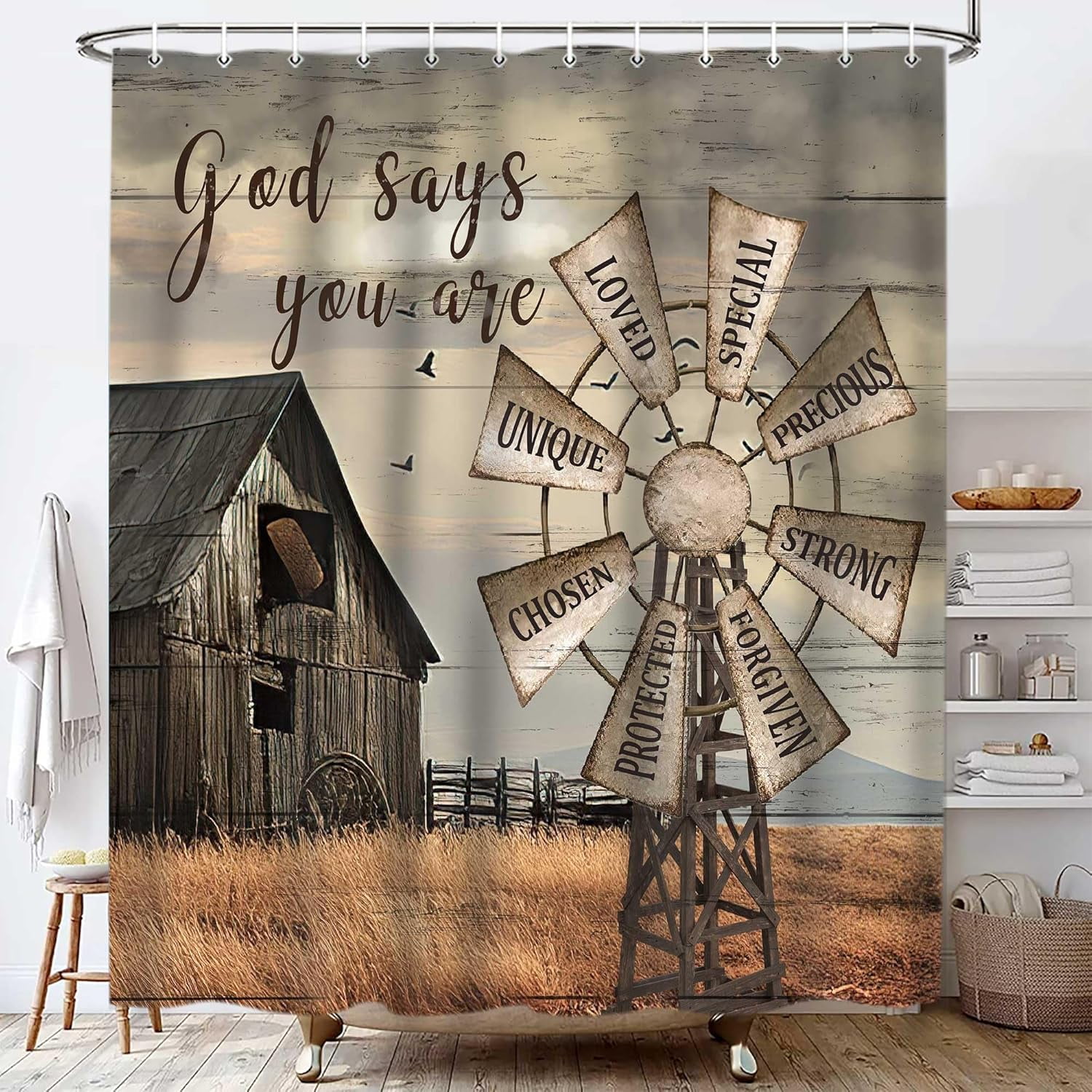 Western Barn Windmill Shower Curtain Sets for Bathroom,Rustic ...
