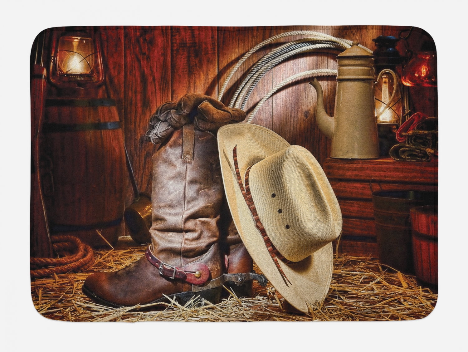 Western Bath Mat, Authentic American West Rodeo Elements with Antique ...