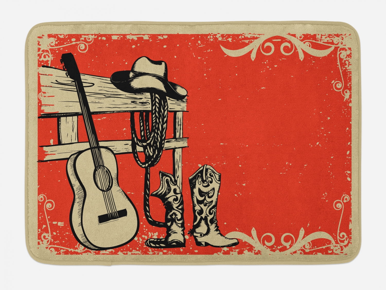 Western Bath Mat, Image of Wild West Elements with Country Music Guitar ...