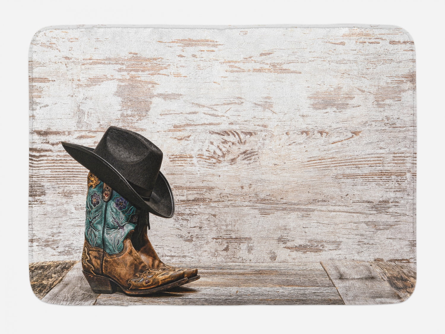 Western Bath Mat, Traditional Rodeo Cowboy Hat and Cowgirl Boots Retro ...