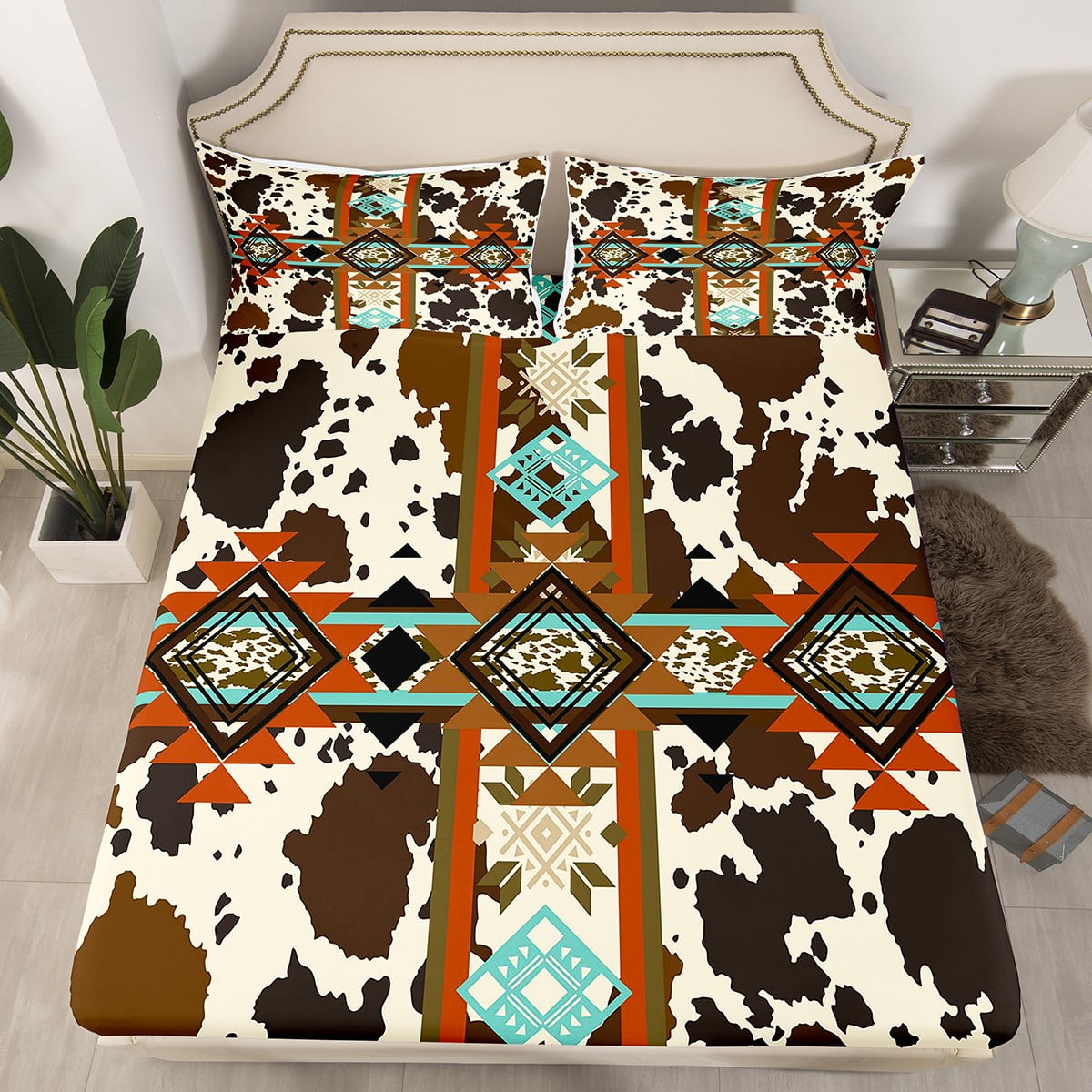 Western Bed Sheets Queen,Cowhide Fitted Sheet Brown Highland Cow Print ...