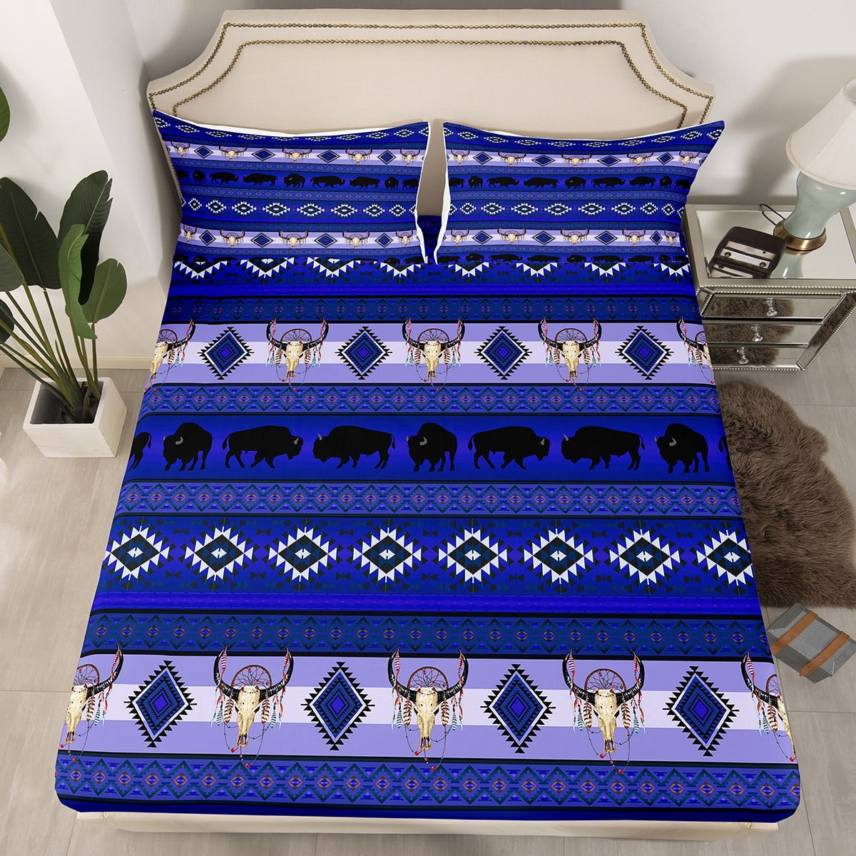 Western Bed Sheets Queen,Gothic Bull Skull Fitted Sheet Arrow Aztec ...