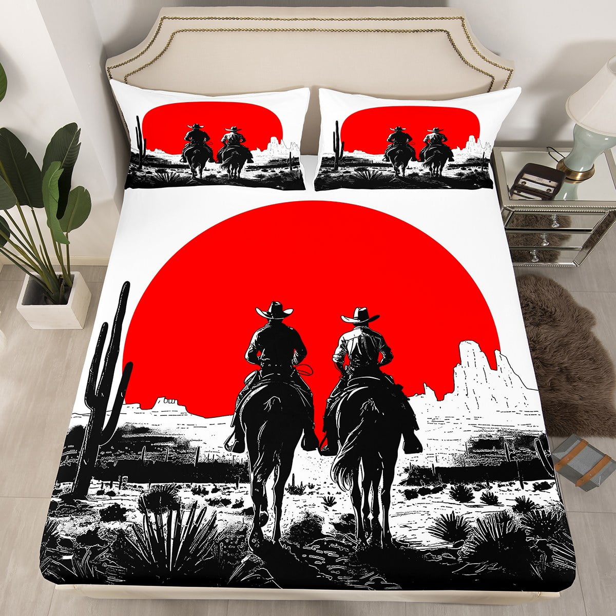 Western Bed Sheets Queen,Horse Fitted Sheet Tropical Cactus Red Sun ...