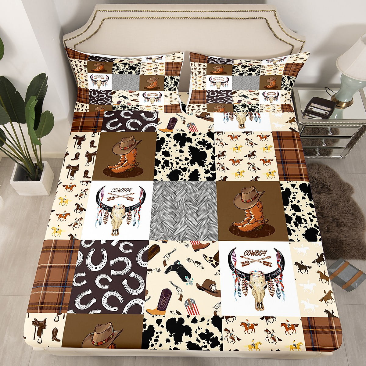 Western Bed Sheets Queen,Southwestern Cowhide Fitted Sheet for Women ...