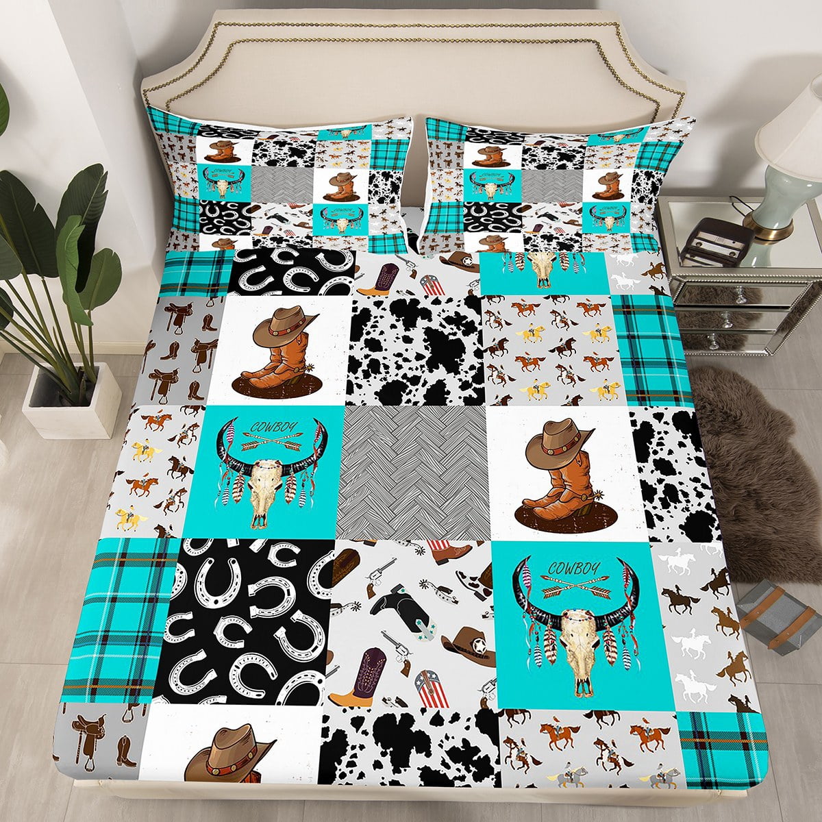 Western Bed Sheets Queen,Southwestern Cowhide Fitted Sheet for Women ...