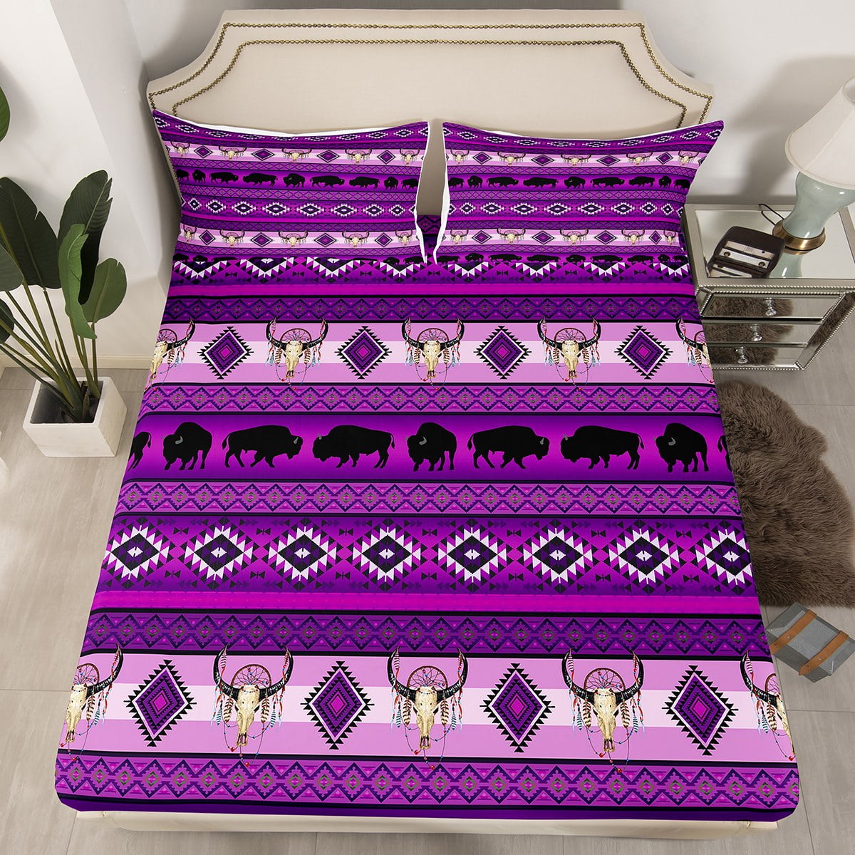 Western Bed Sheets Twin,Gothic Bull Skull Fitted Sheet Arrow Aztec ...