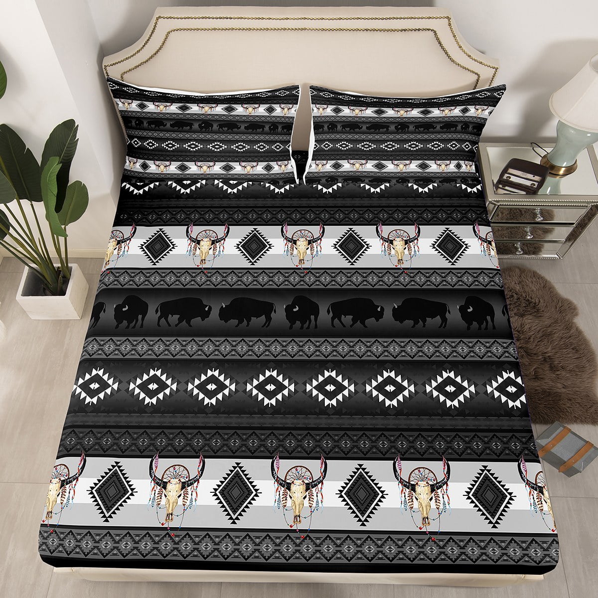 Western Bed Sheets Twin,Gothic Bull Skull Fitted Sheet Arrow Aztec ...